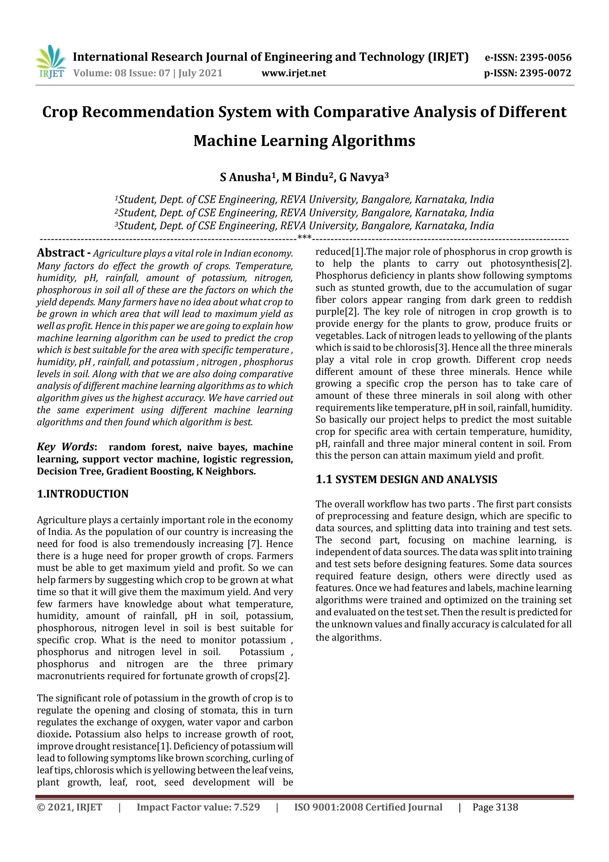 IRJET- Crop Recommendation System with Comparative Analysis of ...