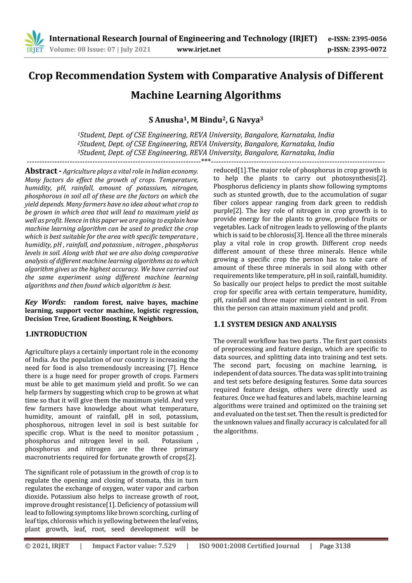 IRJET- Crop Recommendation System with Comparative Analysis of ...
