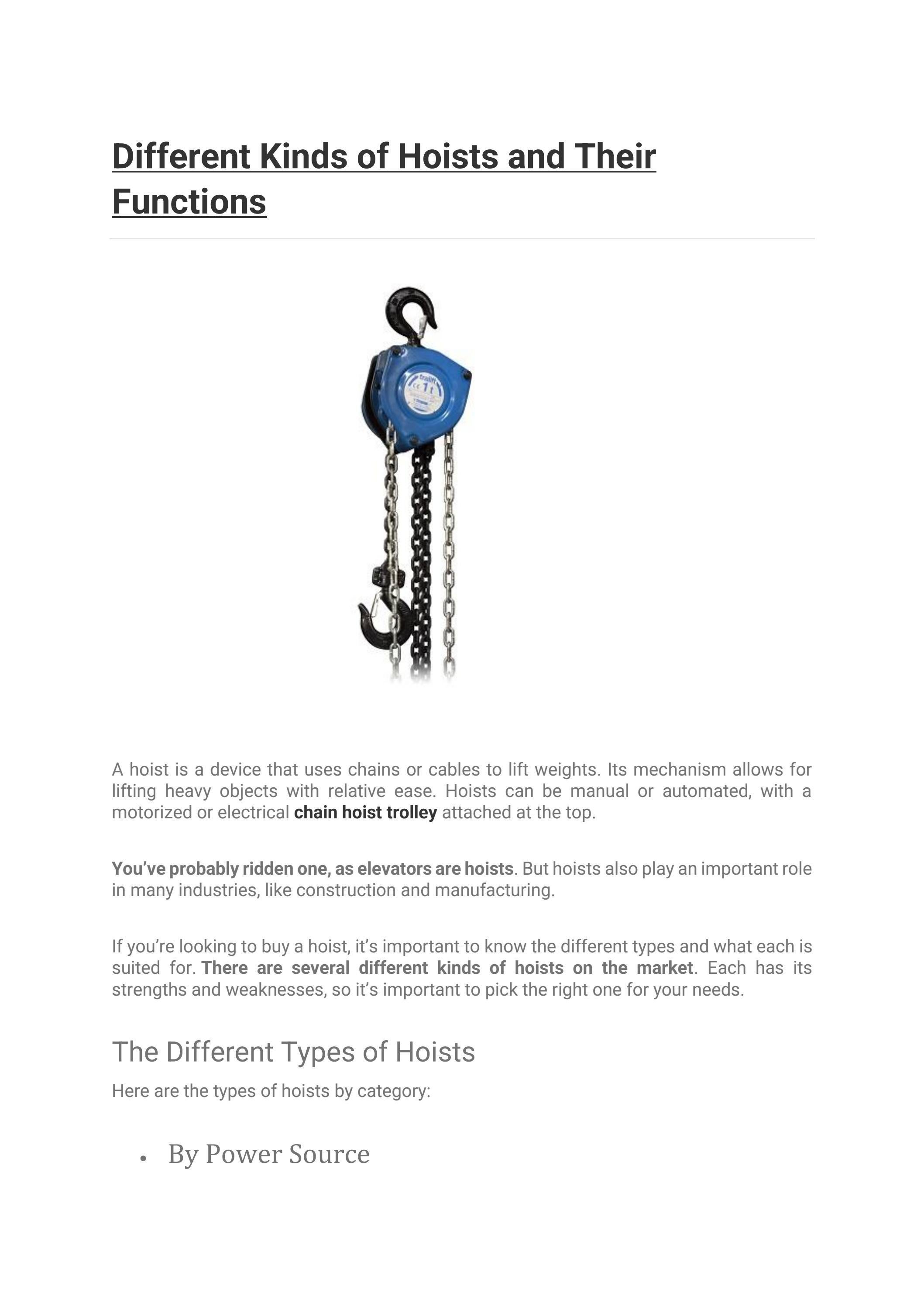 Different Kinds of Hoists and Their Functions by Murphy Lift - Issuu