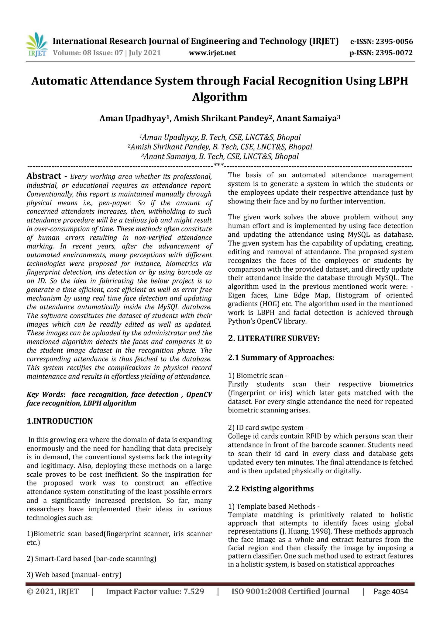 IRJET- Automatic Attendance System through Facial Recognition using ...