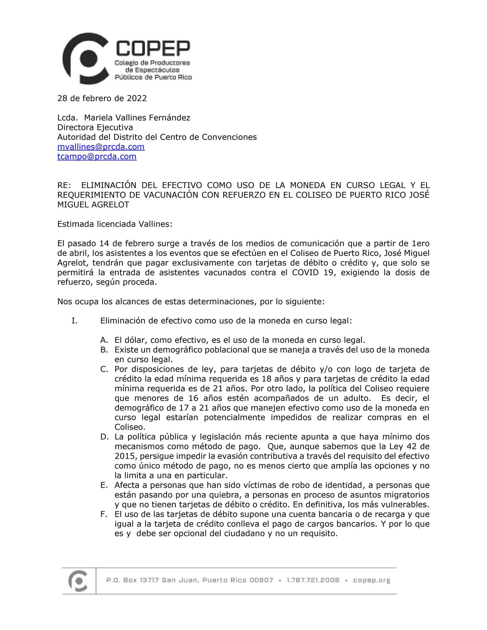 Carta del CoPEP sobre medidas en el Choliseo by Primera Hora - Issuu