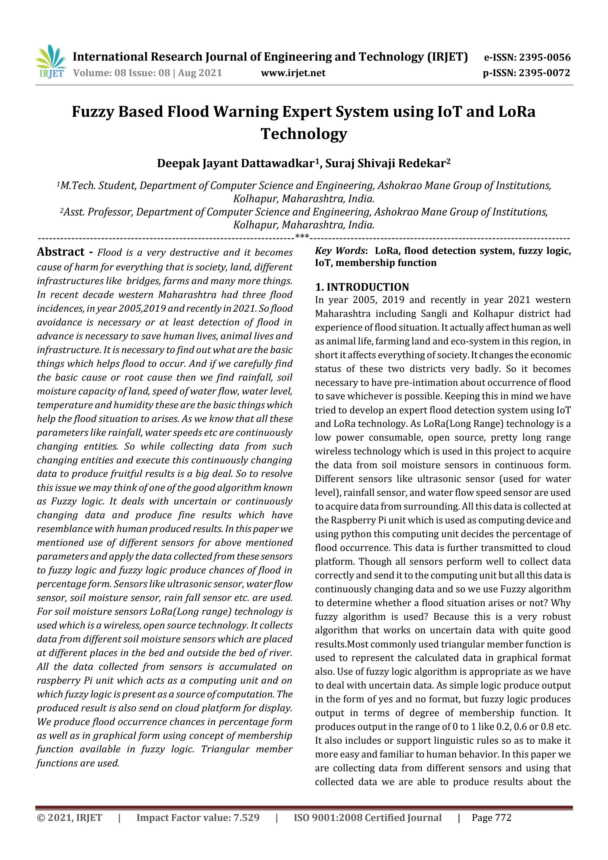 IRJET- Fuzzy based Flood Warning Expert System using IoT and LORA ...