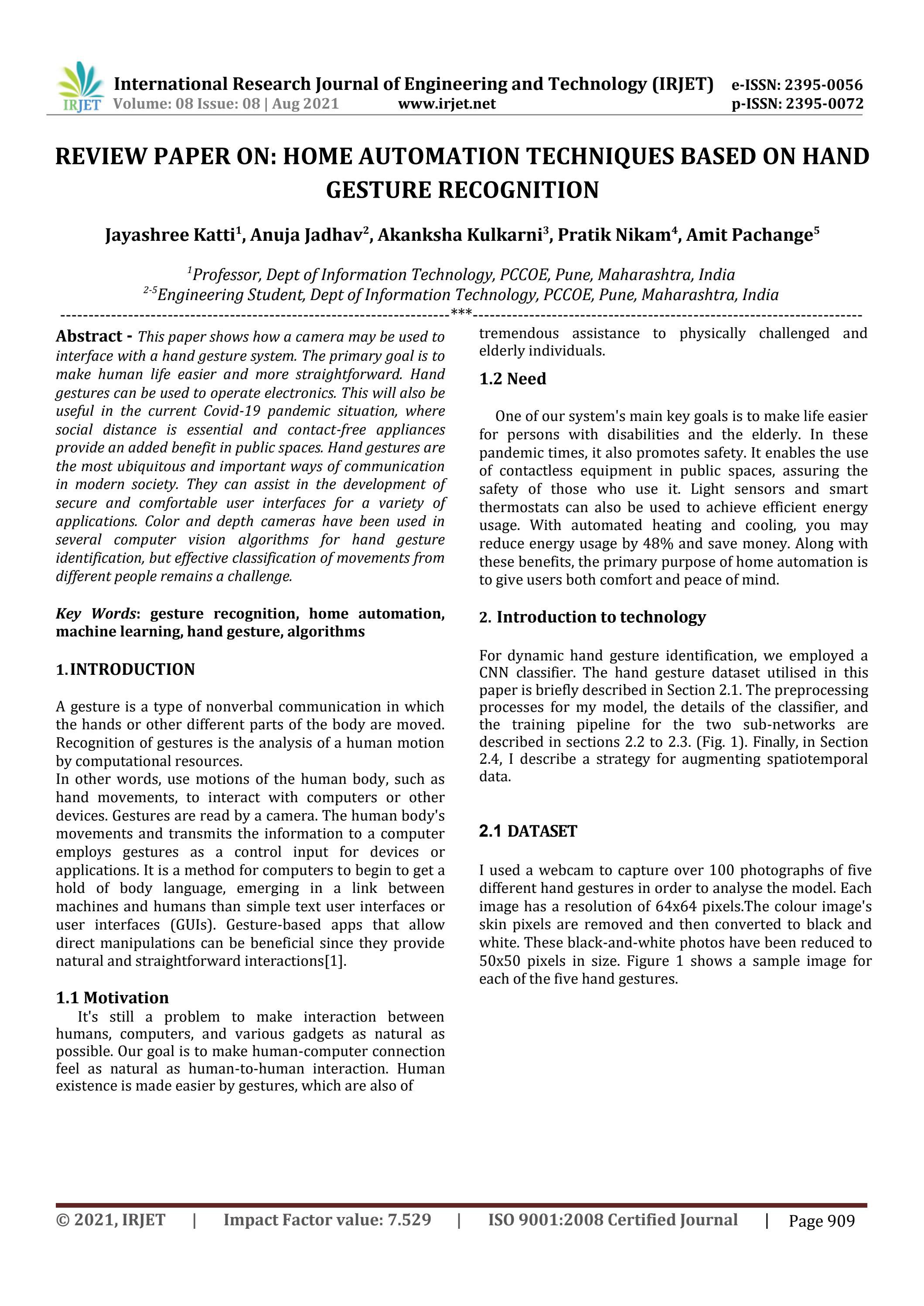 IRJET- Review Paper on: Home Automation Techniques based on Hand ...