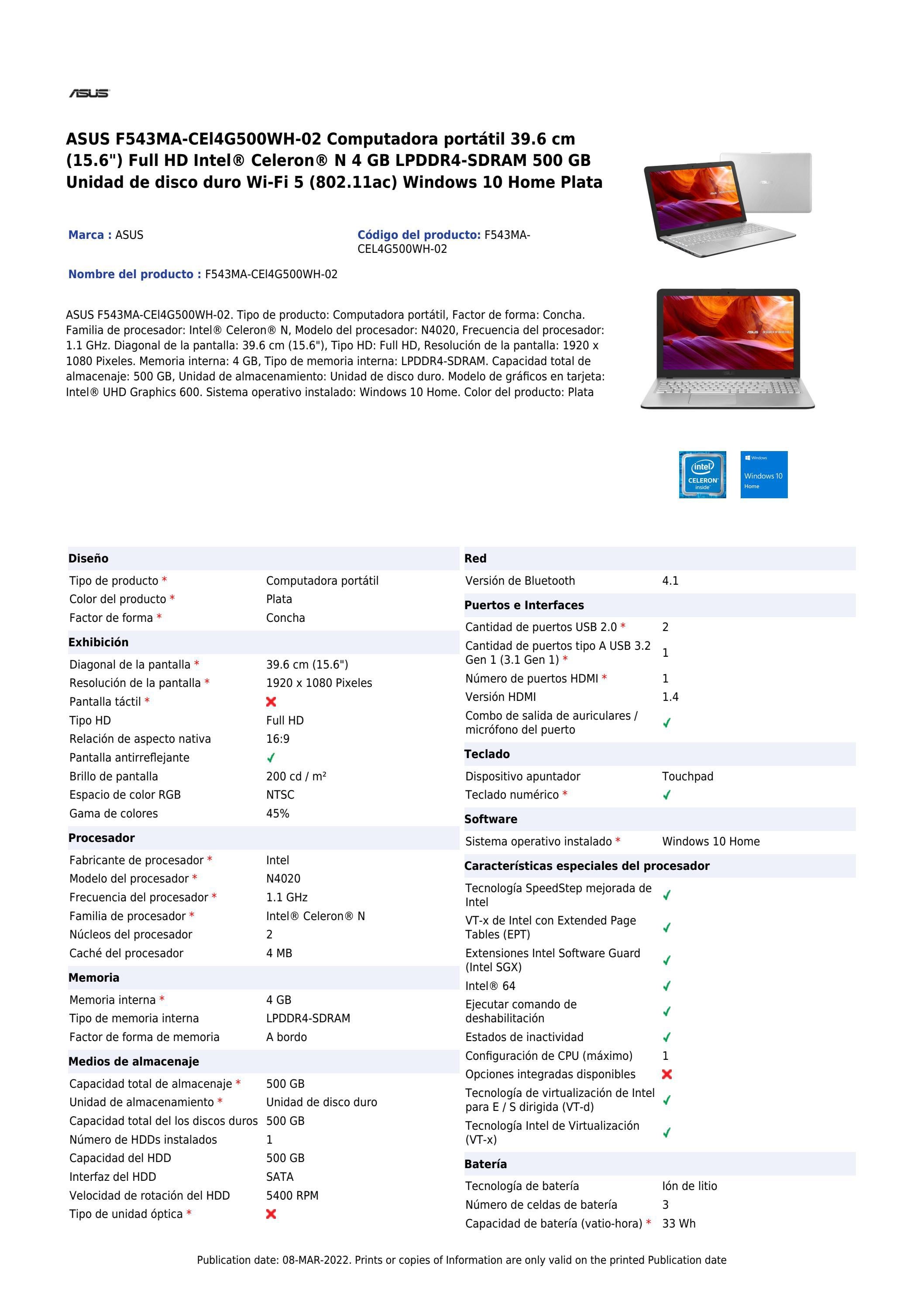 Laptop Asus de 15.6" Plata con 4 GB de Memoria RAM / 500 GB de Disco ...