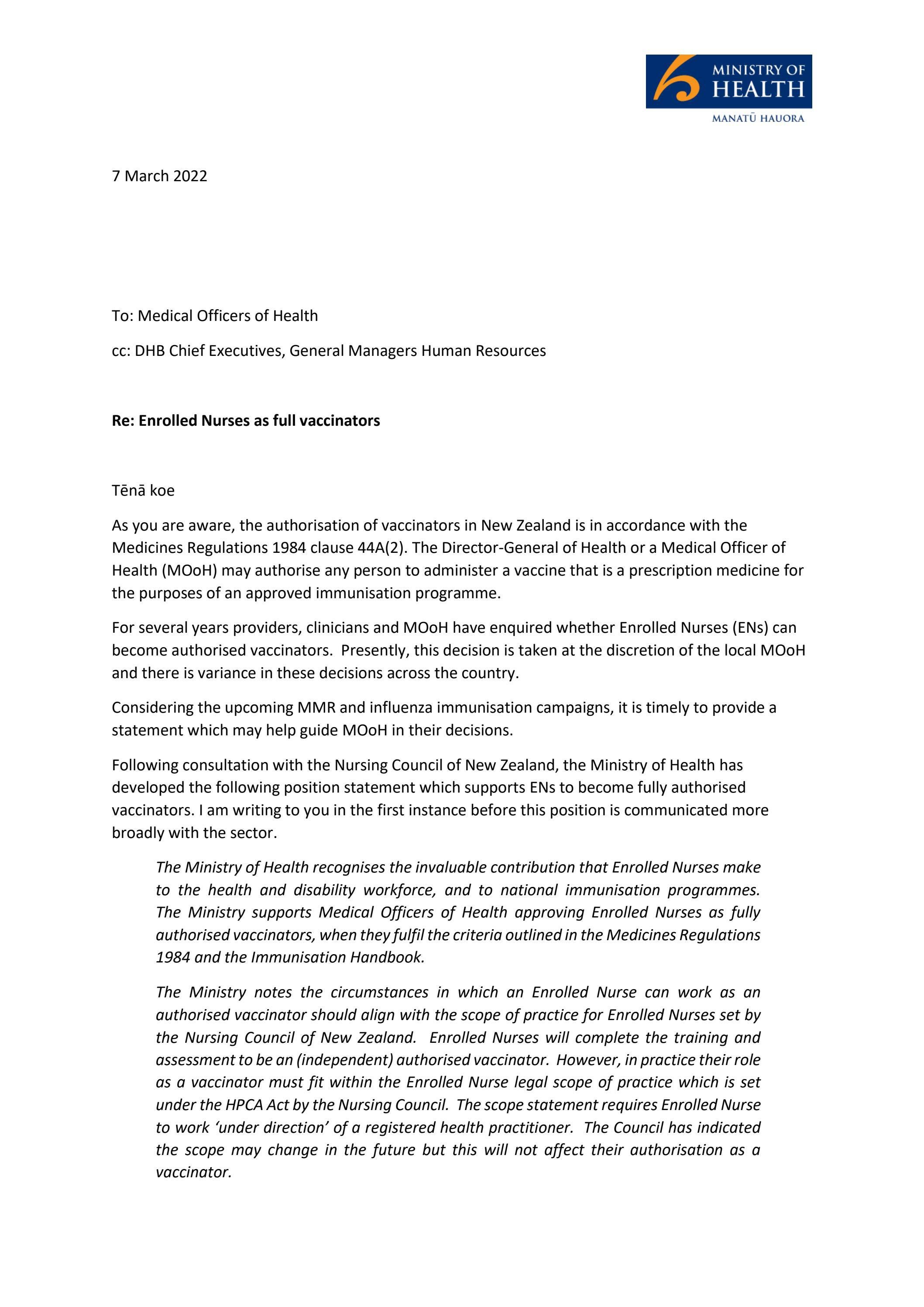 Letter to MOoH - ENs as AVs - FINAL 7.3.22 by WBOP PHO - Issuu