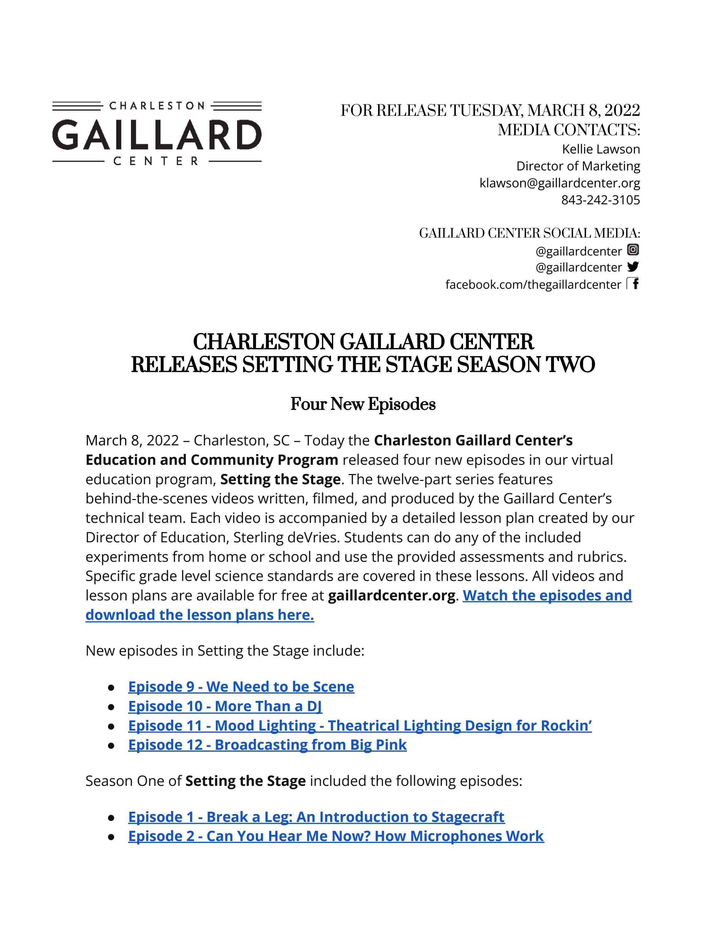 Charleston Gaillard Center Releases New Setting the Stage Episodes by ...