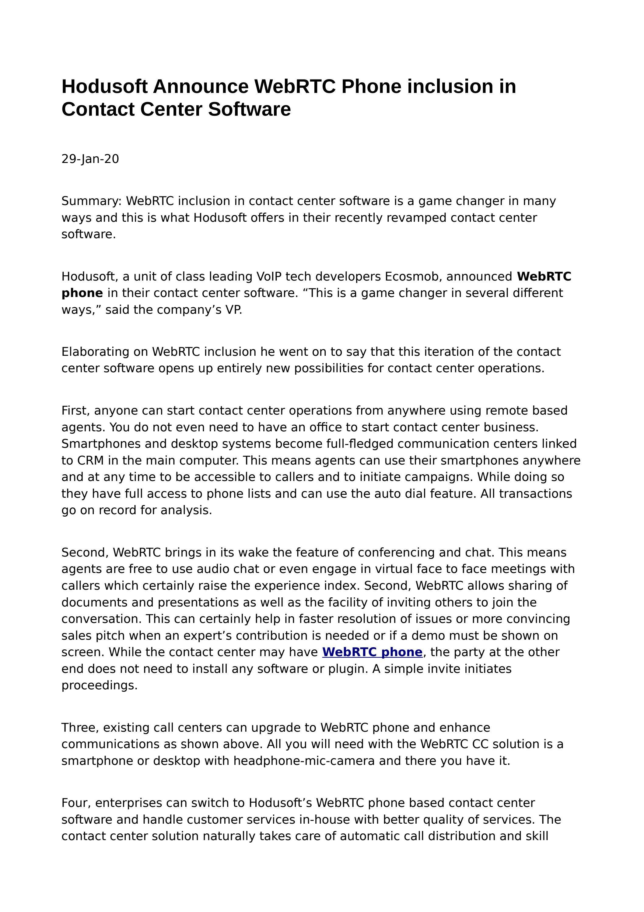 Hodusoft Announce WebRTC Phone inclusion in Contact Center Software by ...