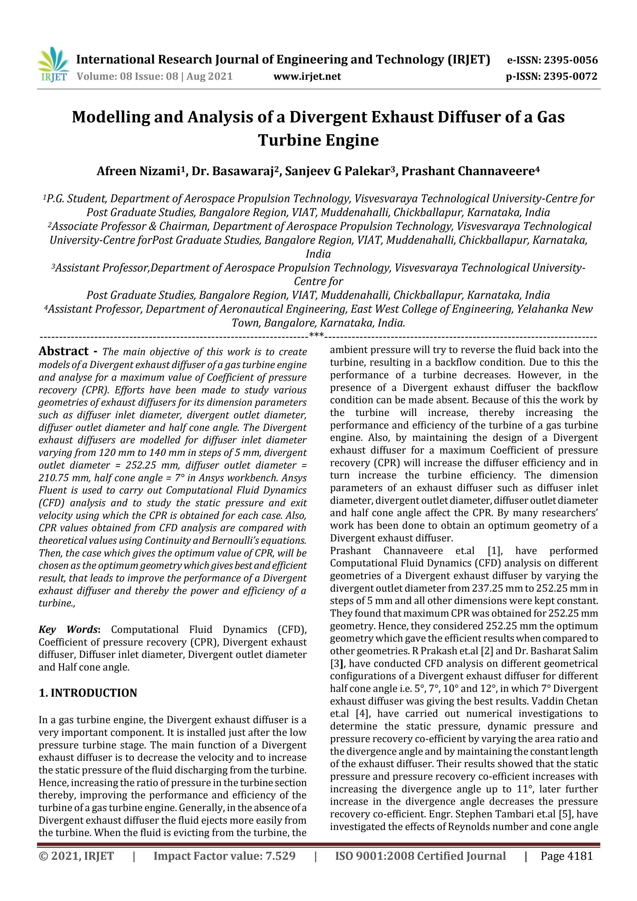 IRJET- Modelling and Analysis of a Divergent Exhaust Diffuser of a Gas ...