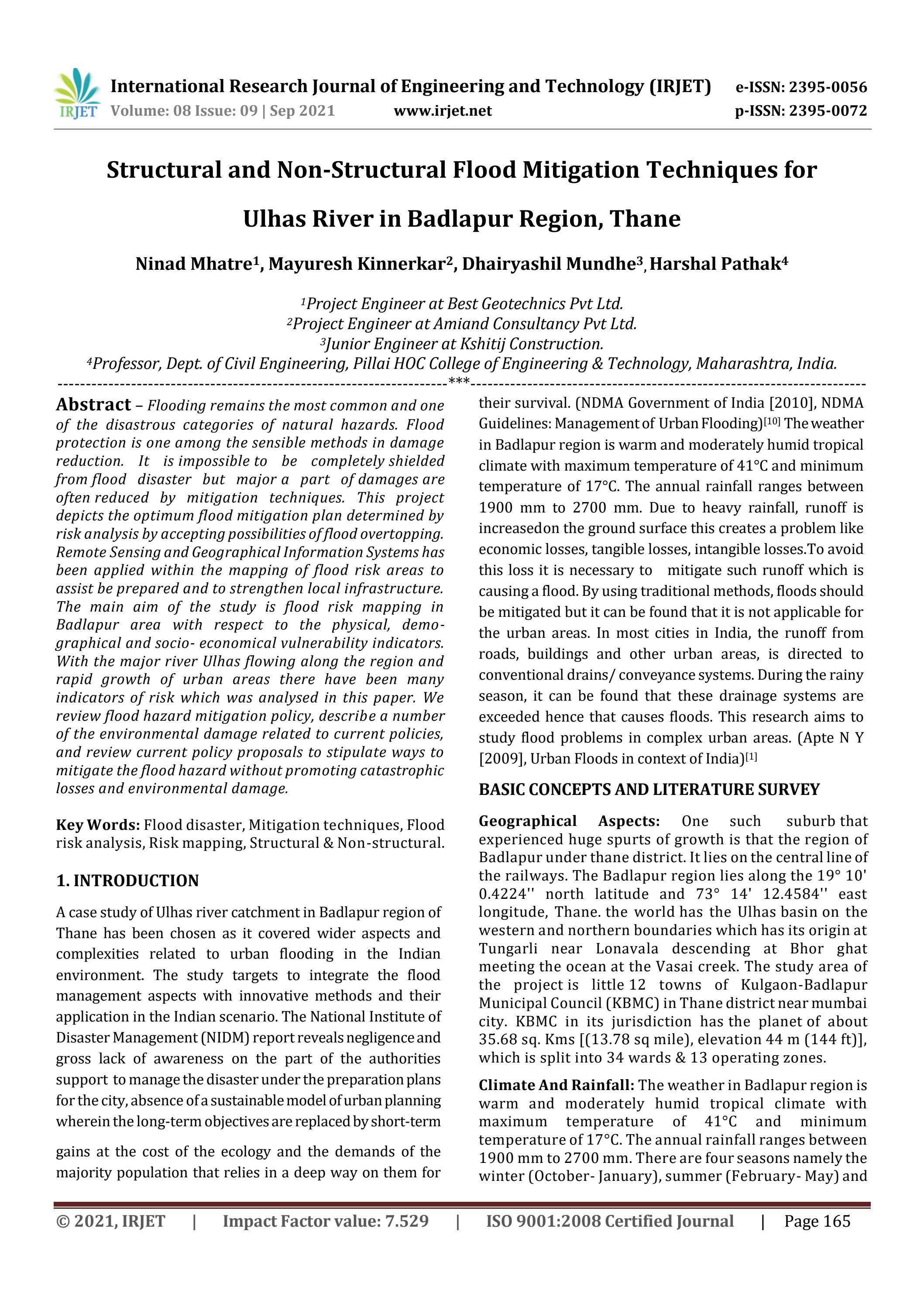 IRJET- Structural and Non-Structural Flood Mitigation Techniques for Ulhas River in Badlapur ...