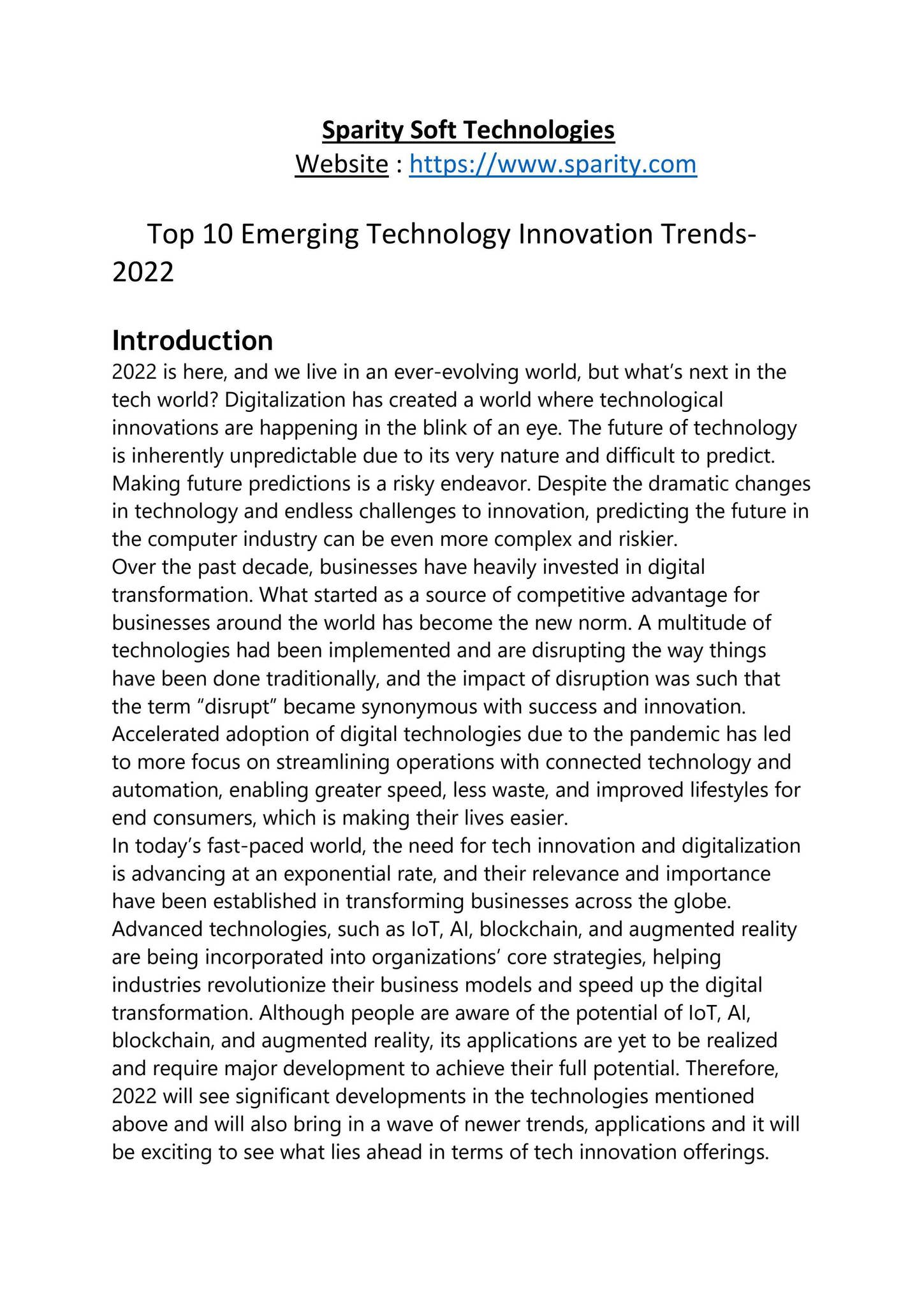 Top 10 Emerging Technology Innovation Trends-2022 by Sparity Soft ...