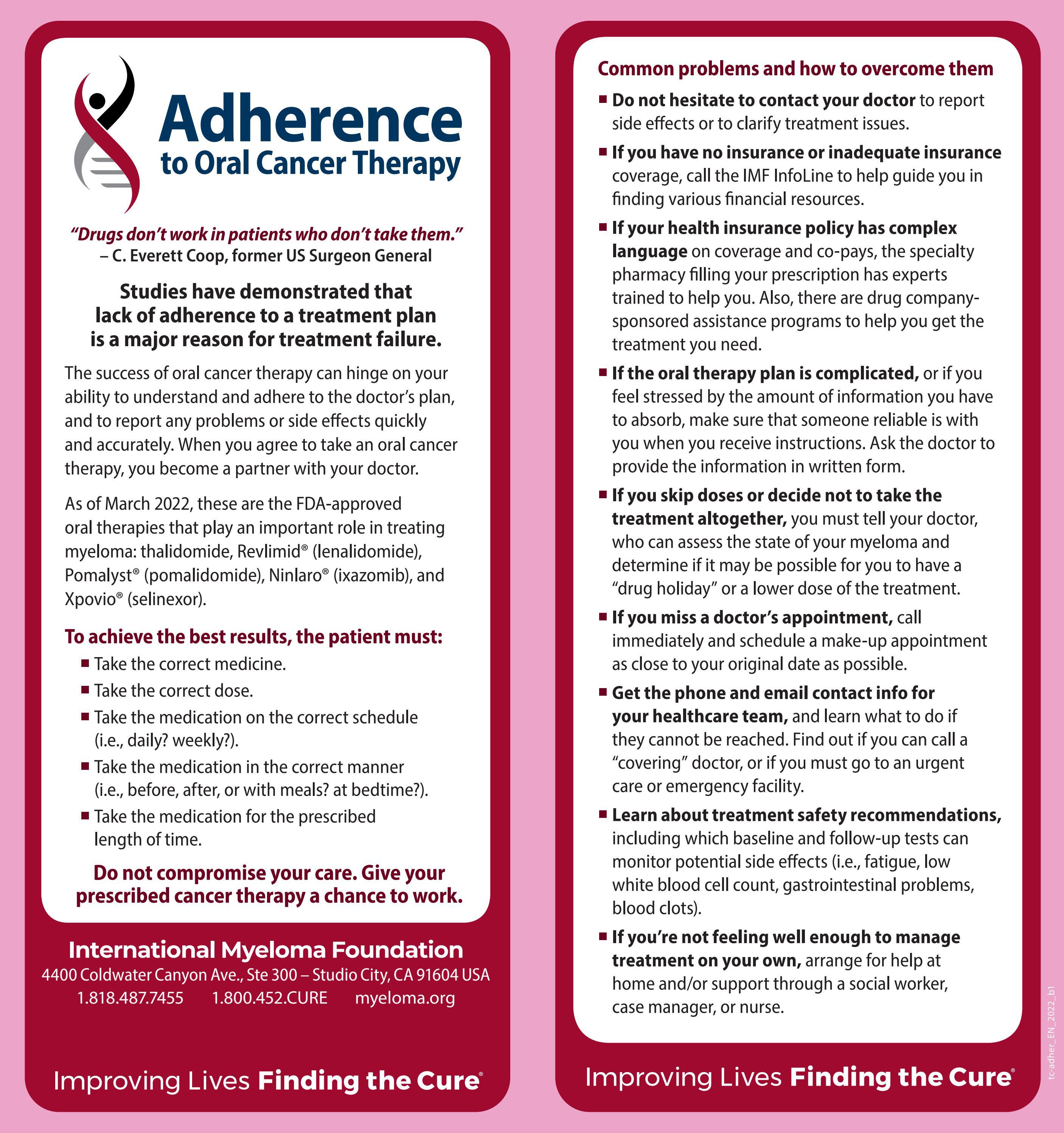 Tip Card: Adherence to Oral Cancer Therapy by International Myeloma ...