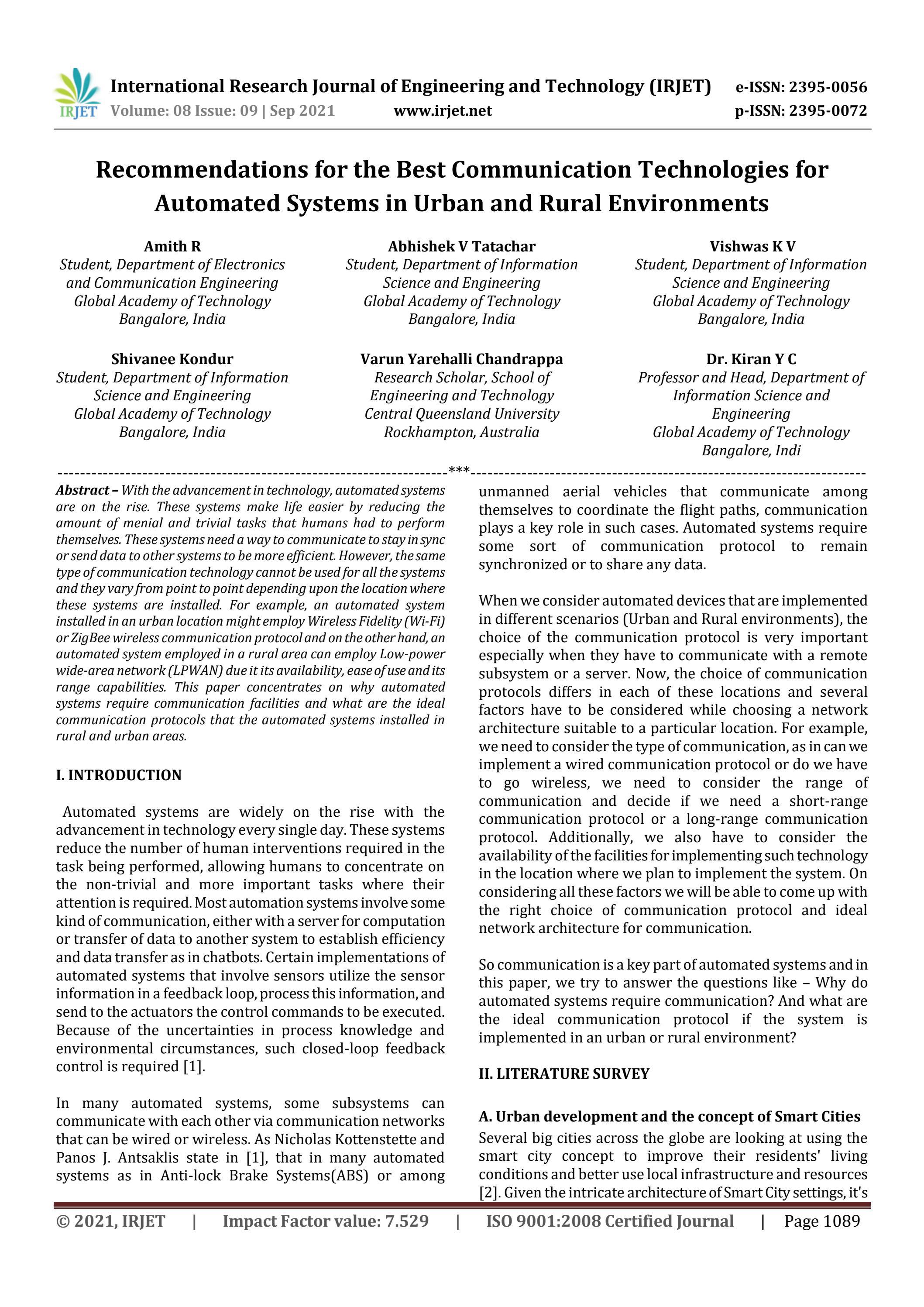 IRJET- Recommendations for the Best Communication Technologies for Automated Systems in Urban ...