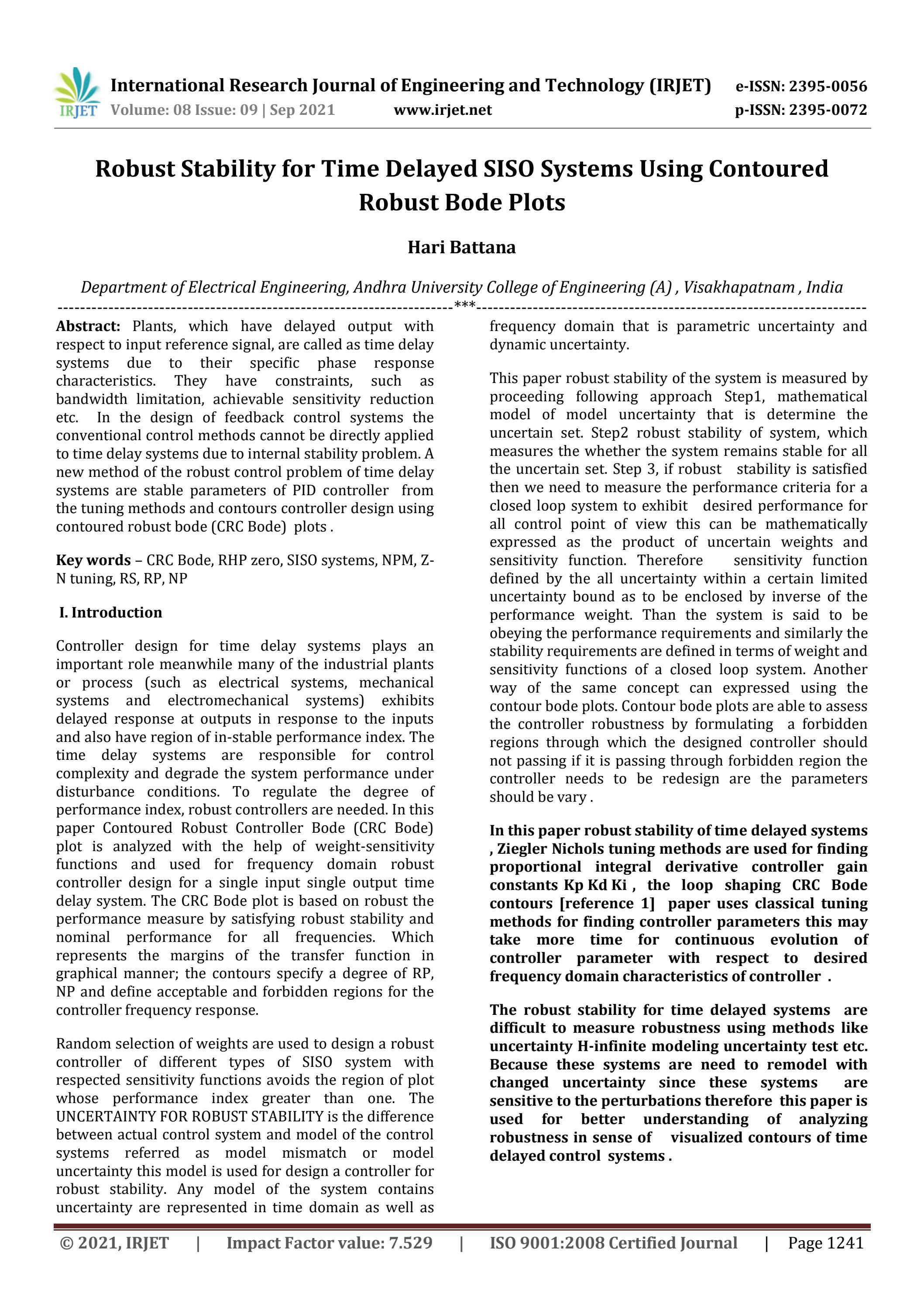 IRJET- Robust Stability for Time Delayed SISO Systems using Contoured ...