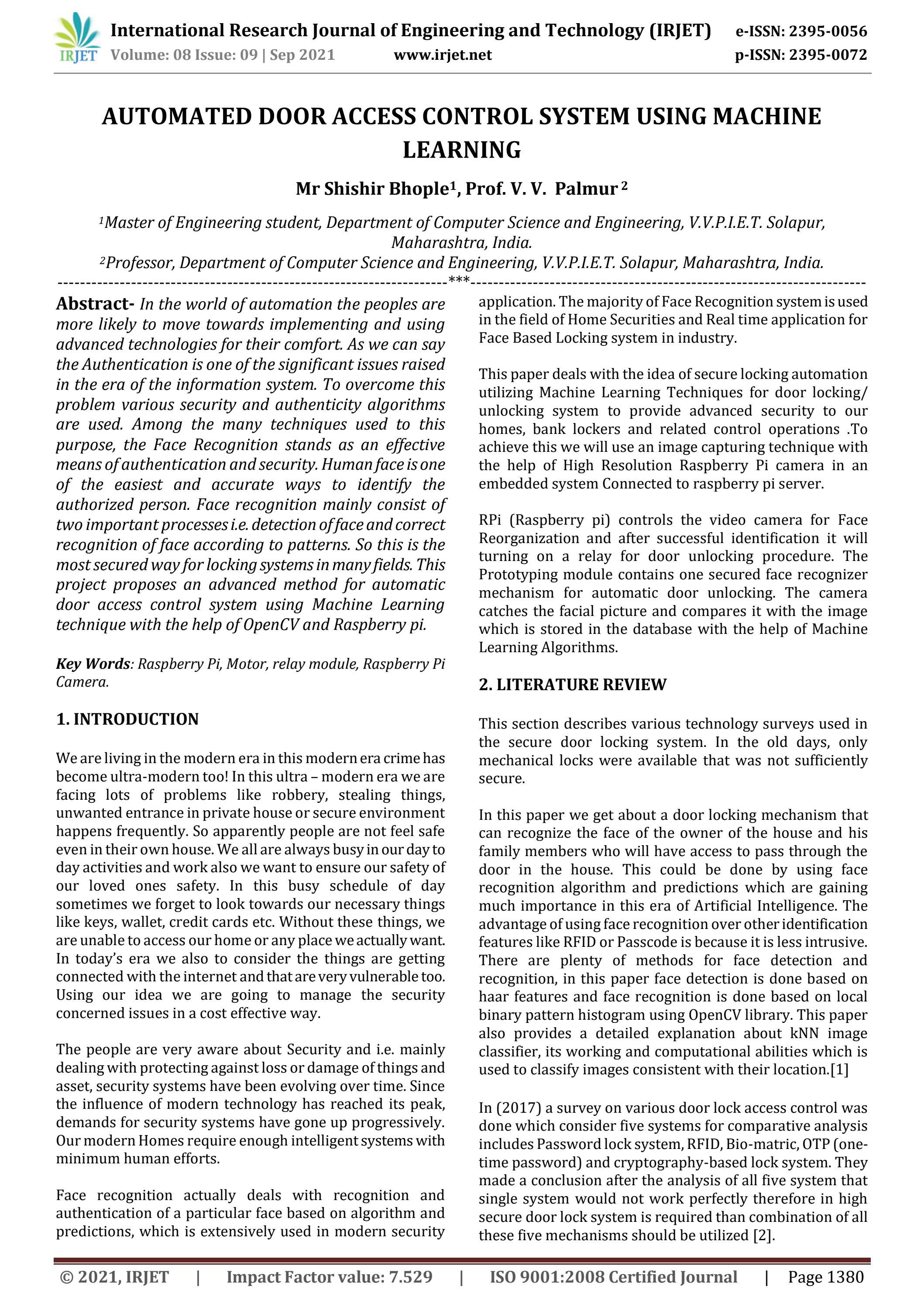 IRJET- Automated Door Access Control System using Machine Learning by ...