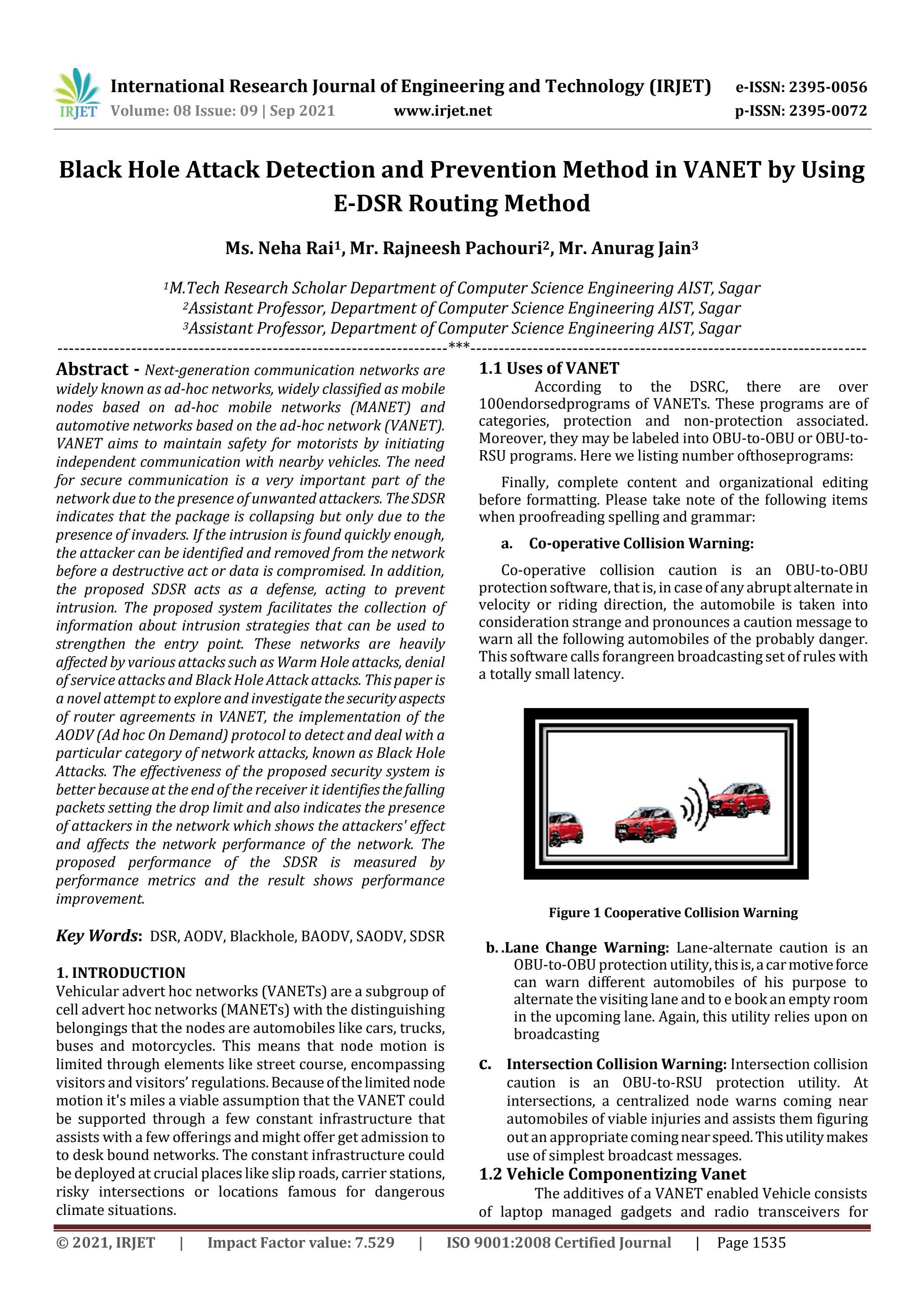 IRJET-Black Hole Attack Detection and Prevention Method in VANET by using E-DSR Routing Method ...