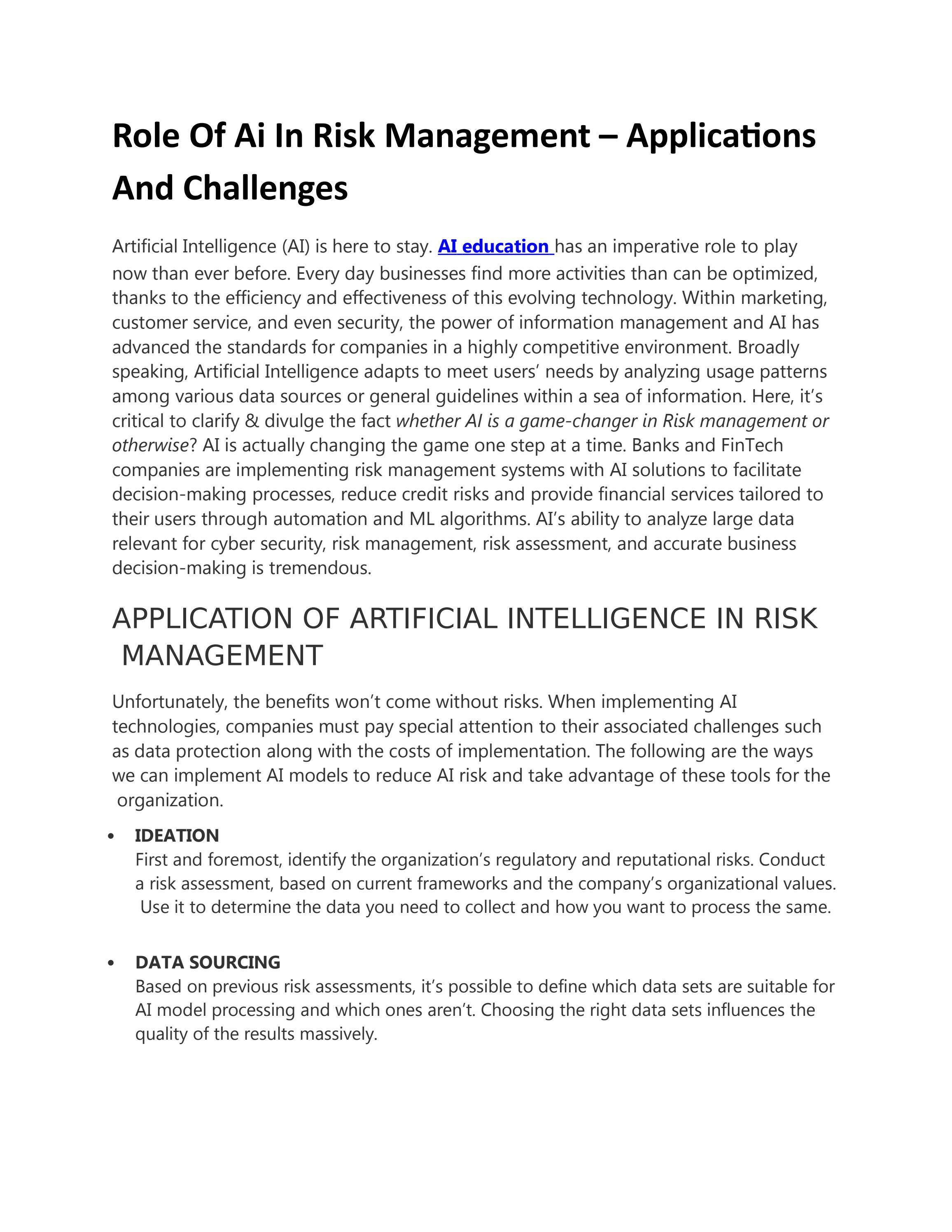 Role Of Ai In Risk Management – Applications And Challenges by United ...