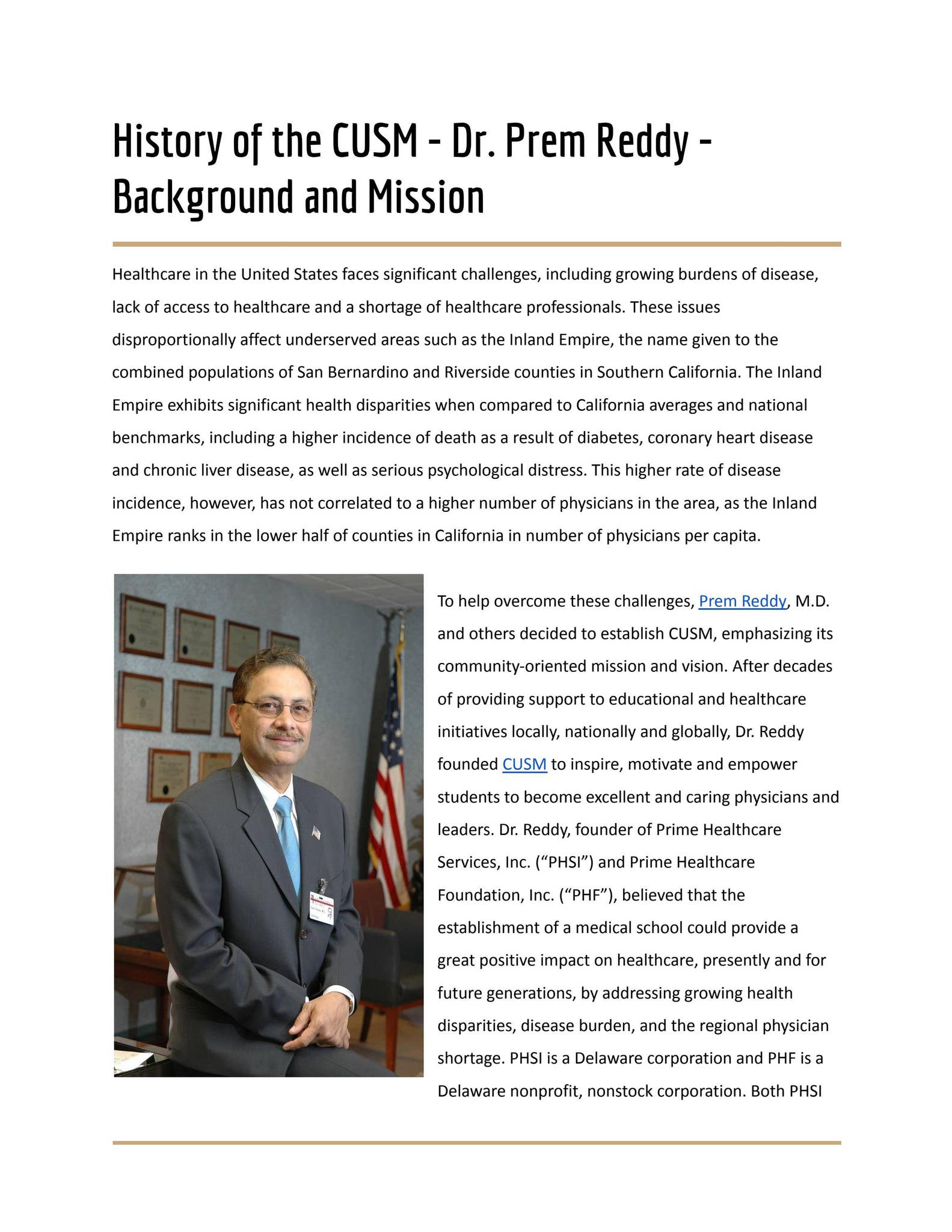 History of the CUSM - Dr. Prem Reddy - Background and Mission by erica ...