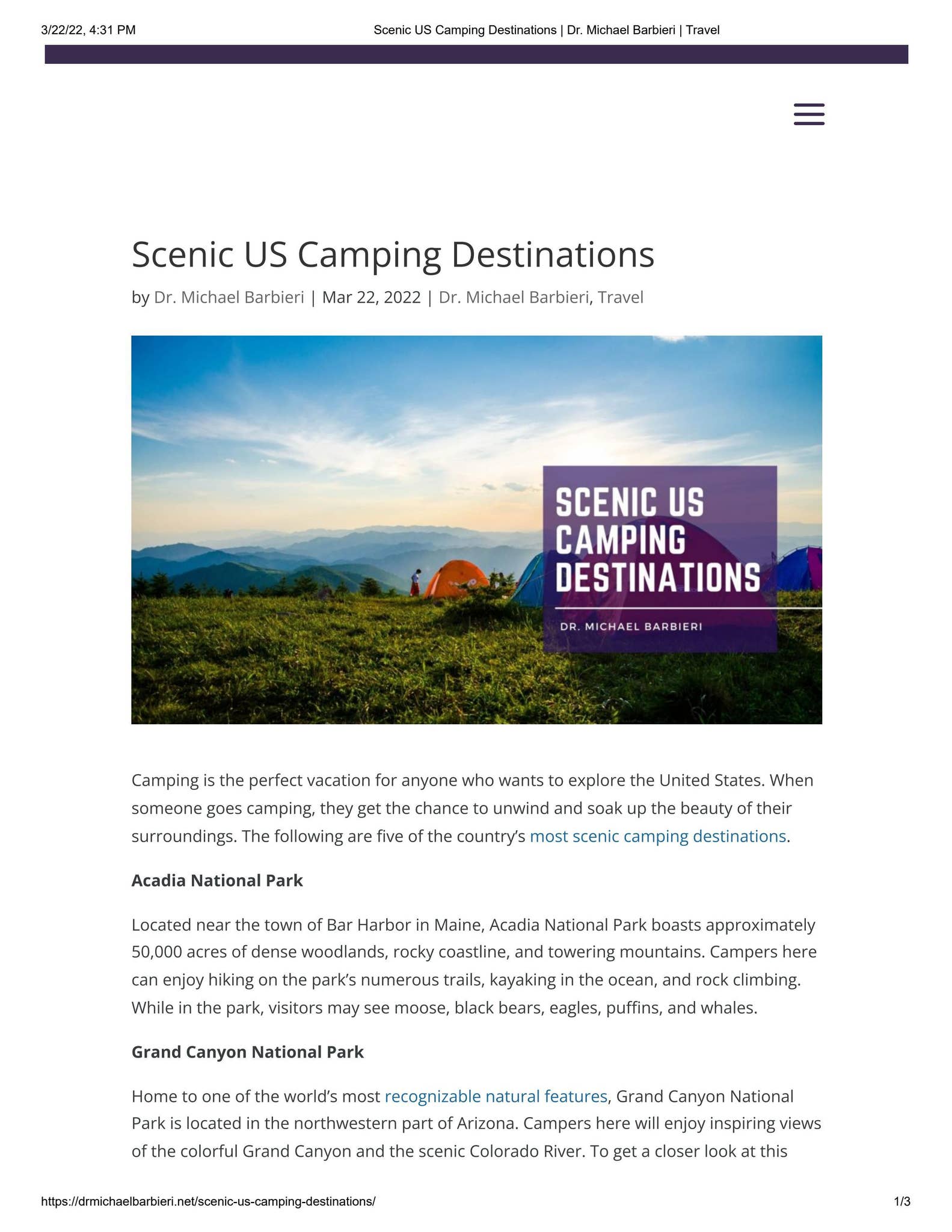 Scenic US Camping Destinations | Michael Barbieri PhD by Michael ...