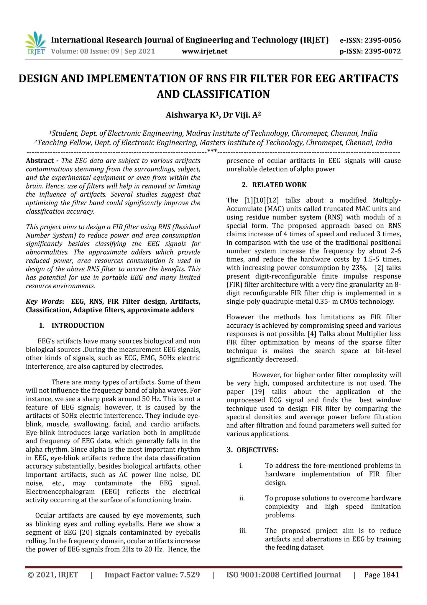 IRJET- Design and Implementation of RNS Fir Filter for EEG Artifacts ...