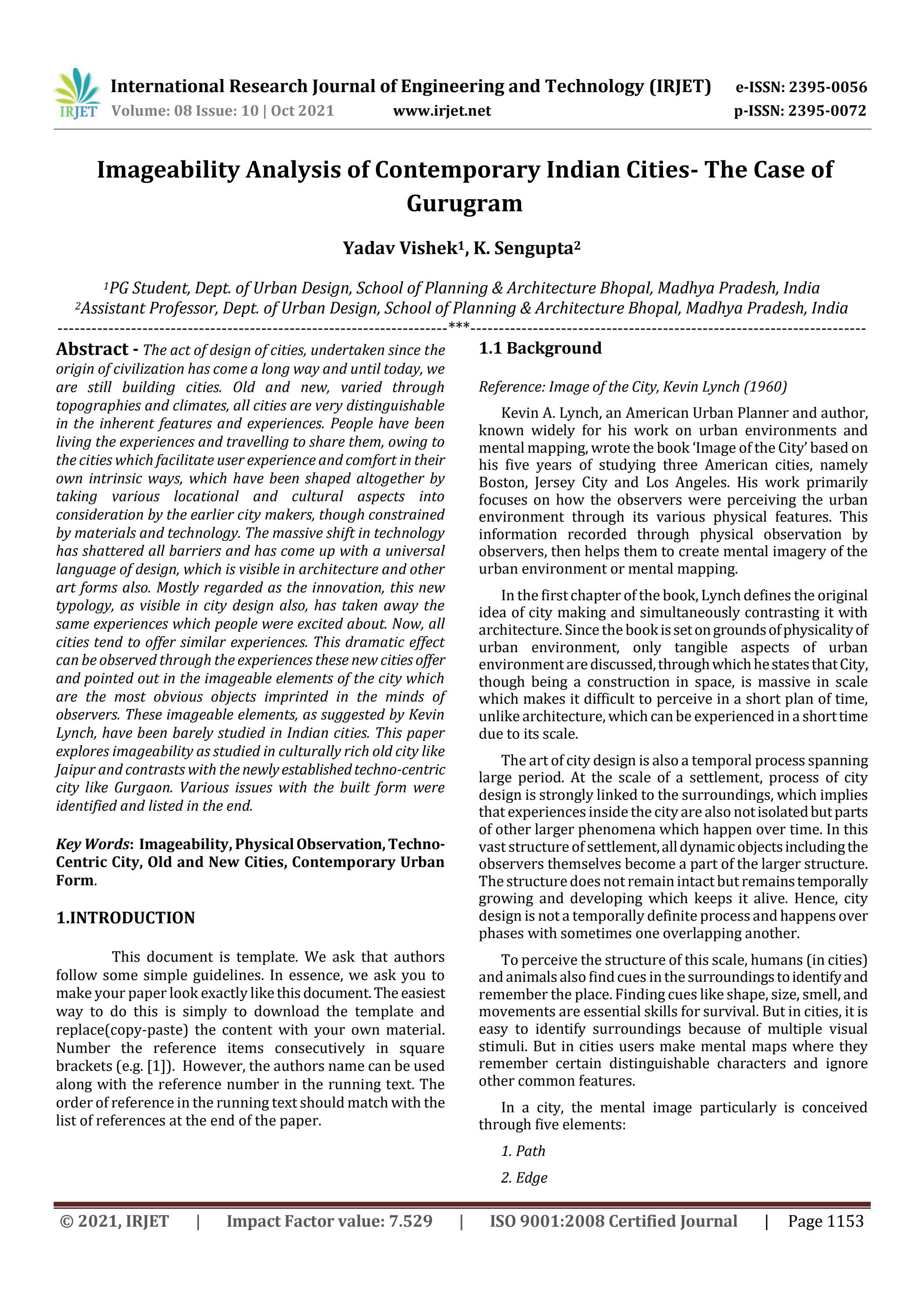 IRJET- Imageability Analysis of Contemporary Indian Cities- The Case of ...