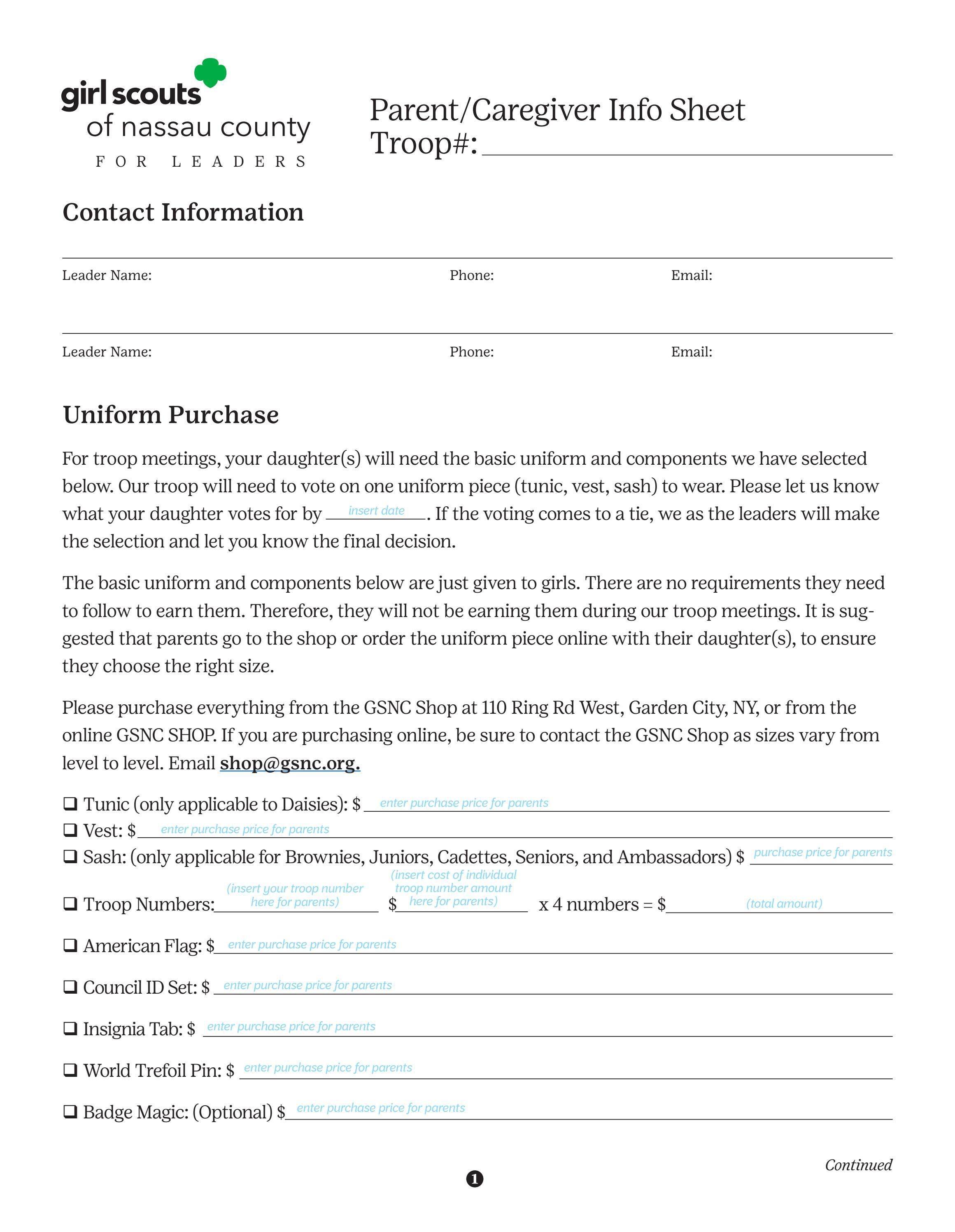 Girl Scouts of Nassau County Parent Caregiver Info Sheet by gsnc - Issuu