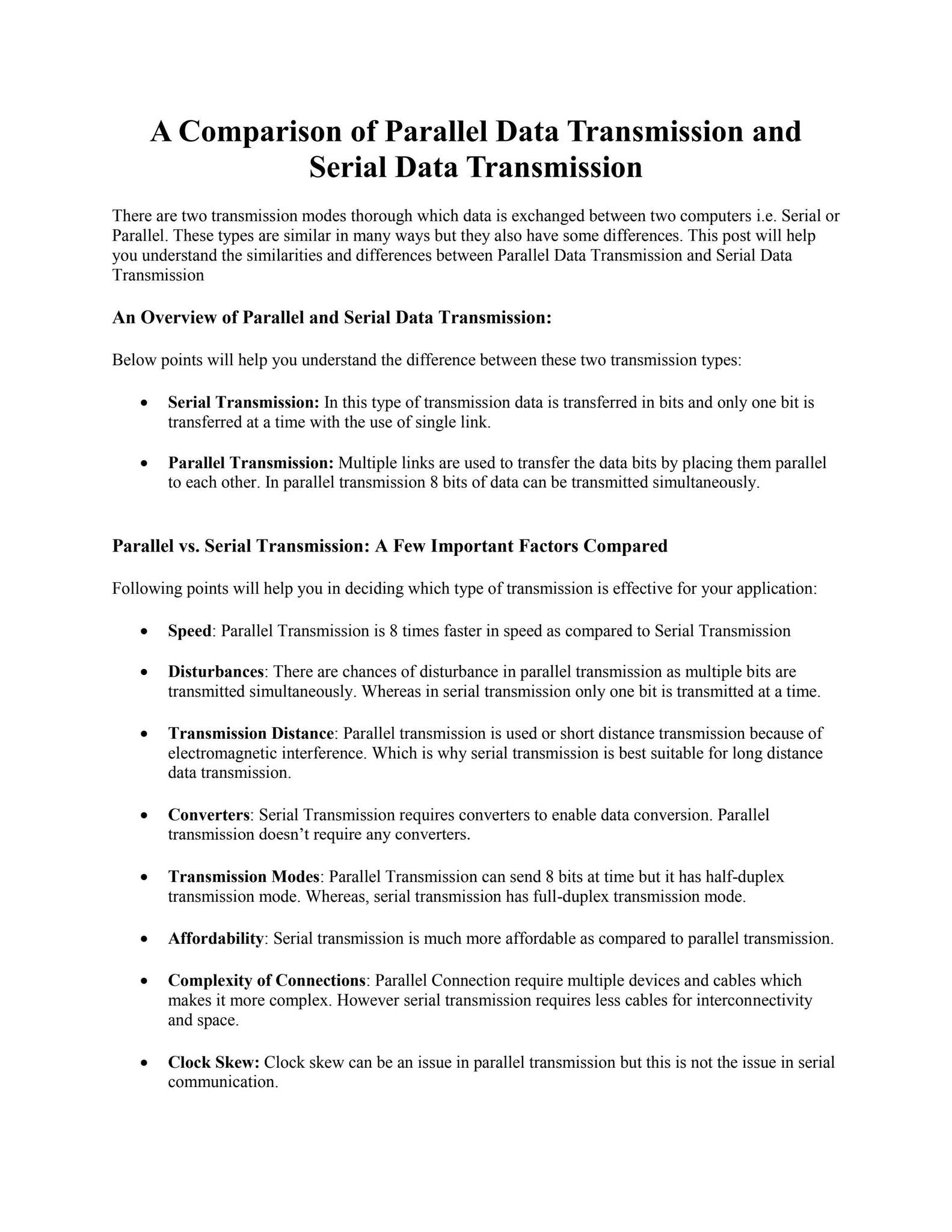 Comparison between Parallel Data Transmission and Serial Data ...