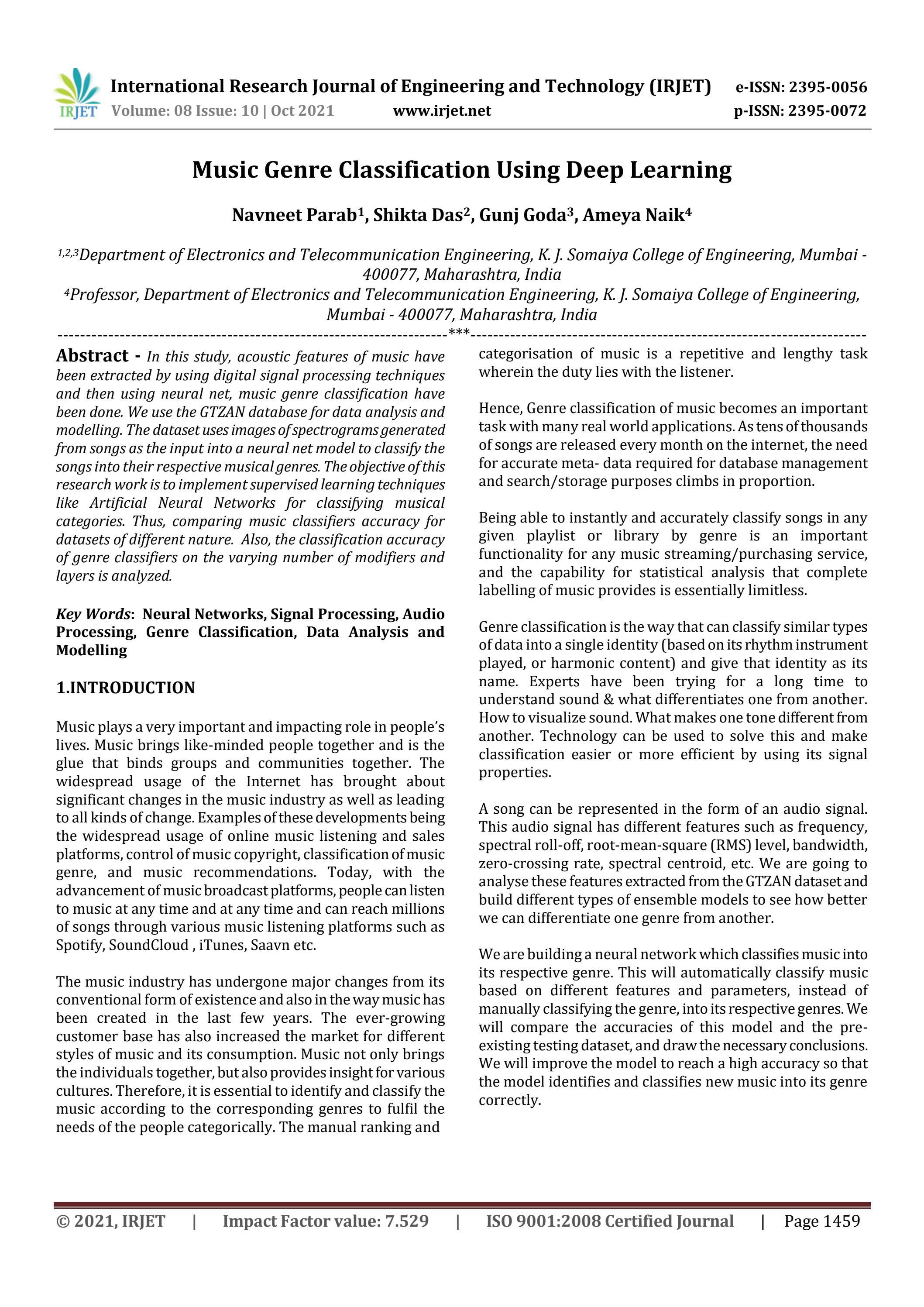 IRJET- Music Genre Classification using Deep Learning by IRJET Journal ...