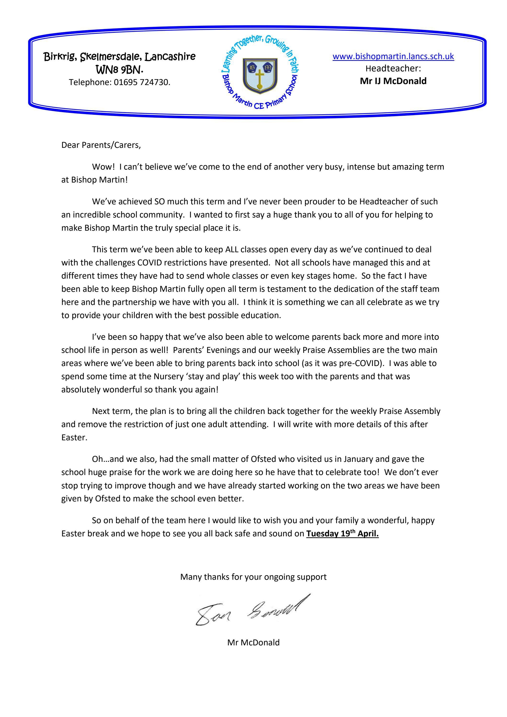 End of Spring Term Letter from Mr McDonald by Schudio - Issuu