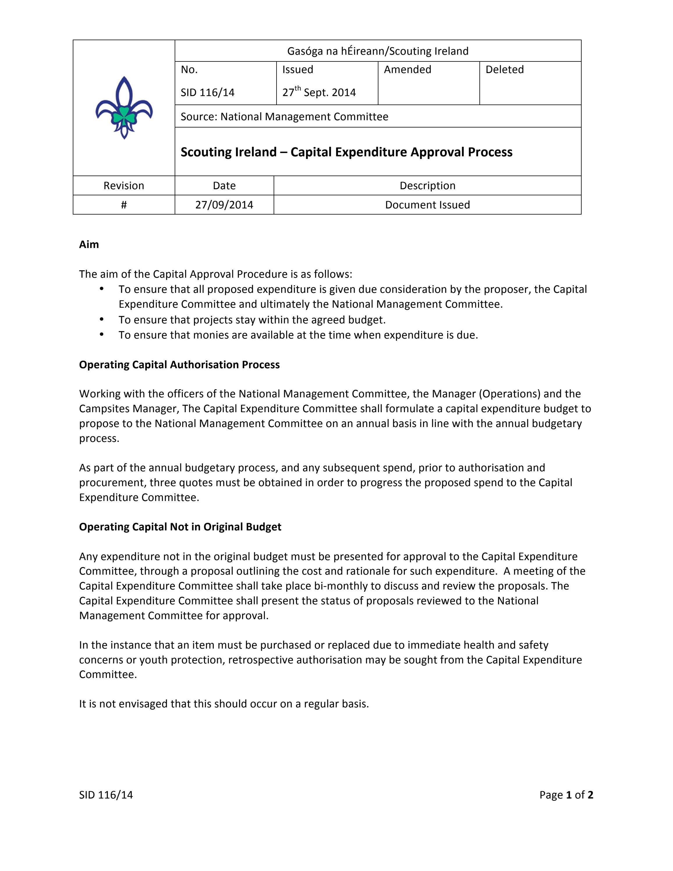 SID 116 14 Capital Expenditure Approval Process By Scouting Ireland SID 116 14 Capital Expenditure Approval Process By Scouting Ireland