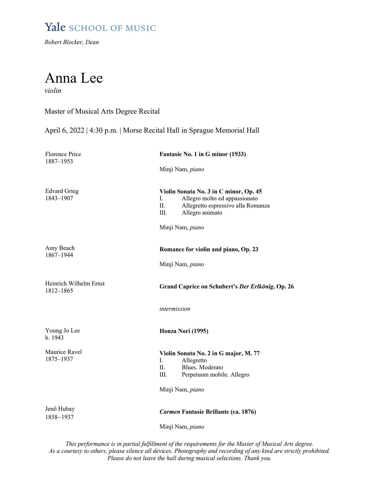Anna Lee, violin, April 6, 2022 by Yale School of Music - Issuu