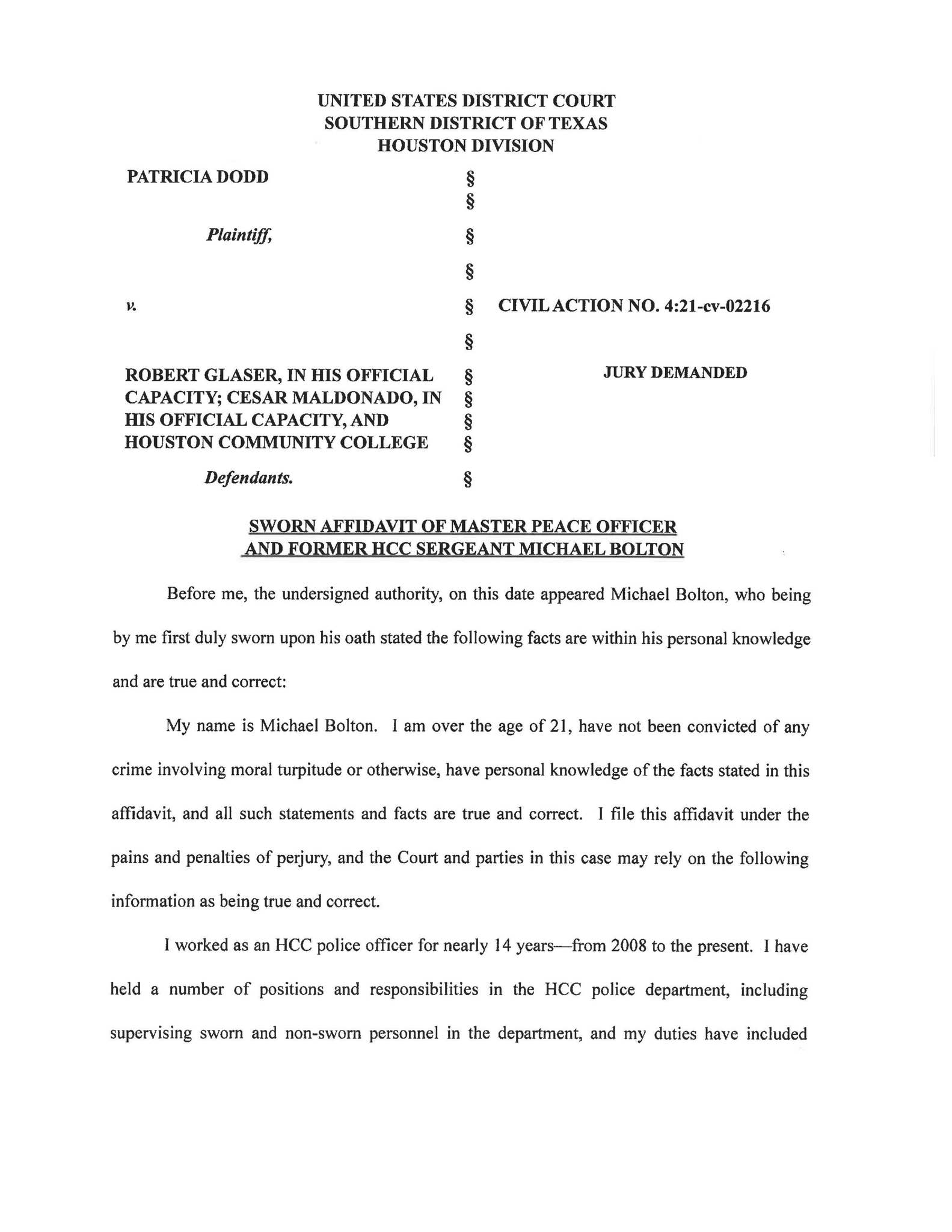 Sworn Affidavit of Master Peace Officer and Former HCC Sergeant Michael ...