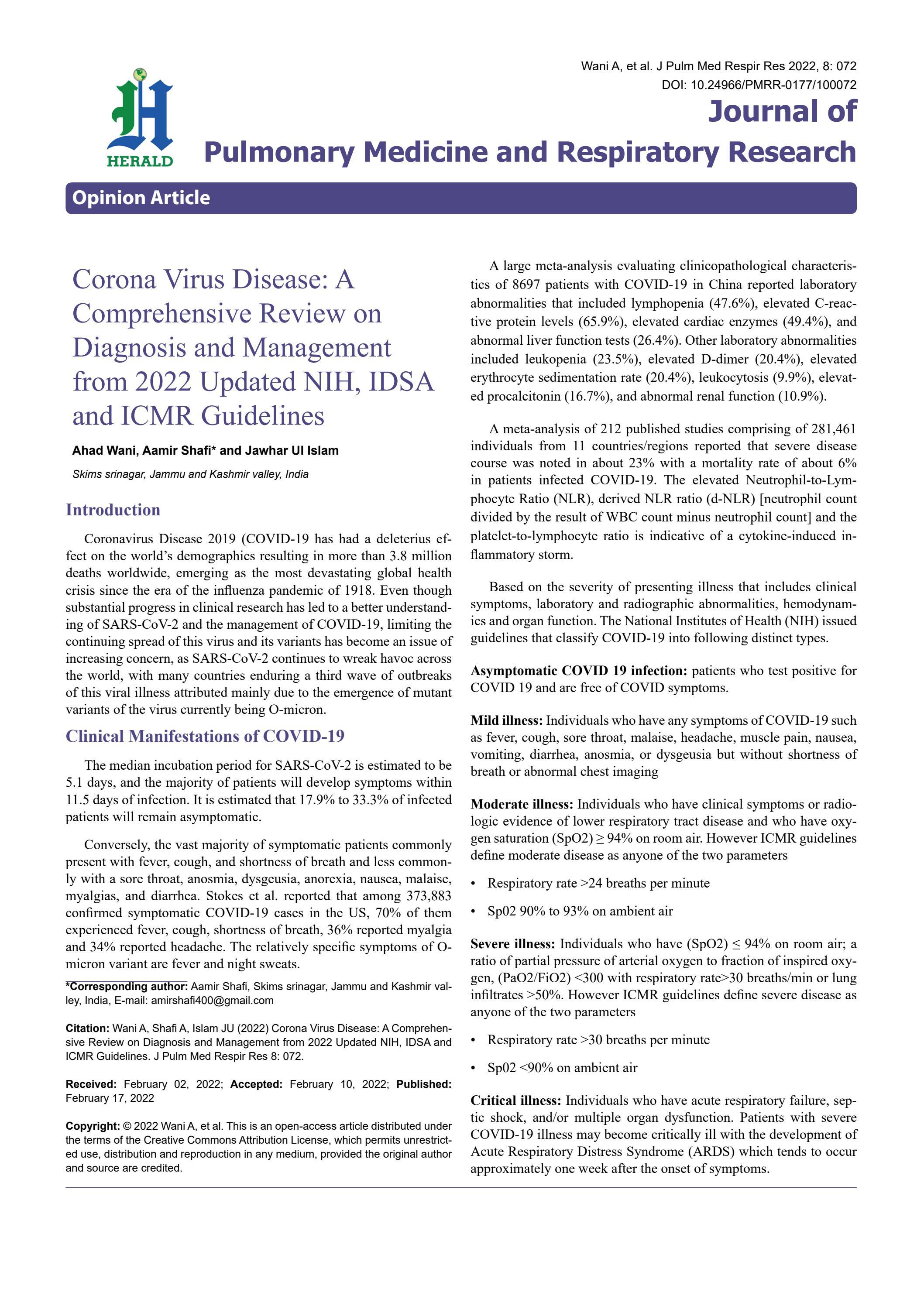 Corona Virus Disease: A Comprehensive Review on Diagnosis 2022 updated ...
