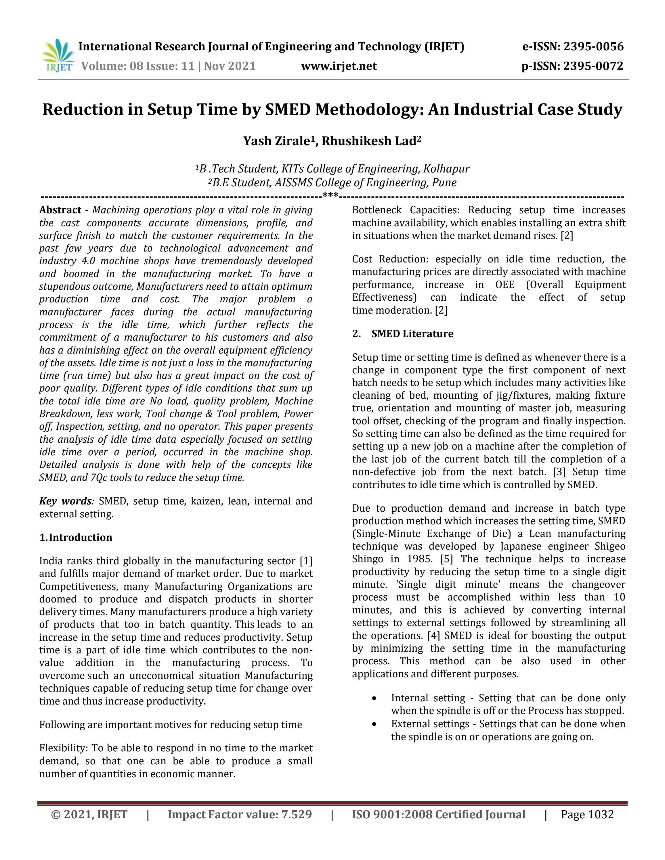 Reduction in Setup Time by SMED Methodology: An Industrial Case Study ...