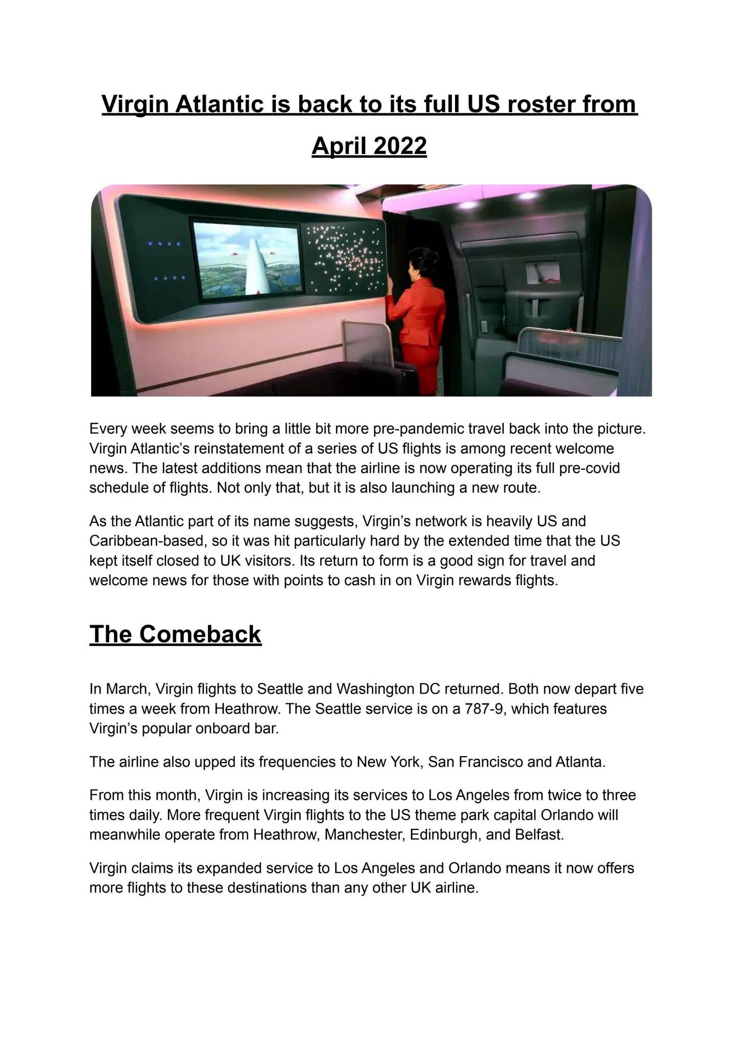 Virgin Atlantic is back to its full US roster from April 2022 by ...
