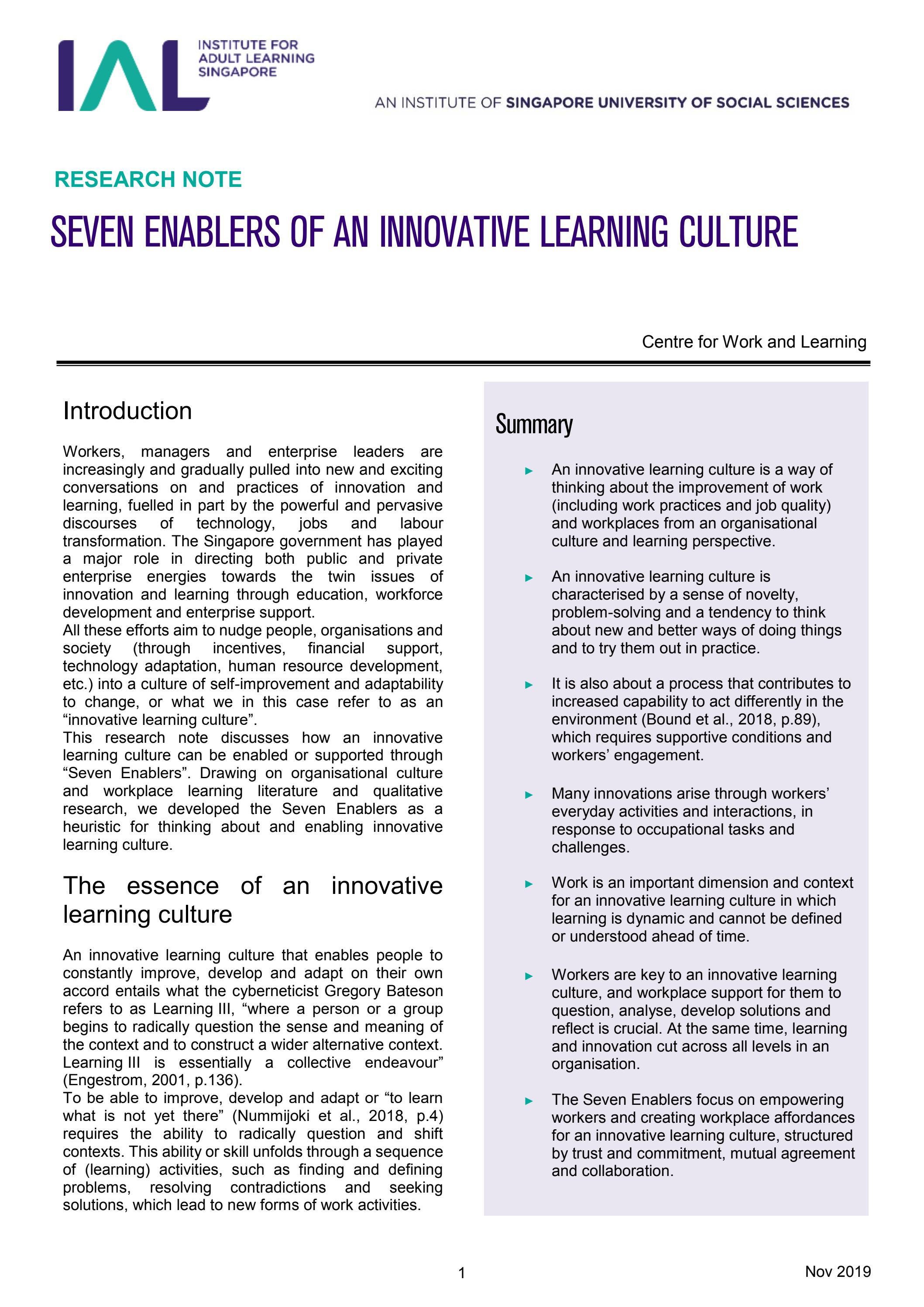 Seven Enablers of an Innovative Learning Culture (Research Note) by ...