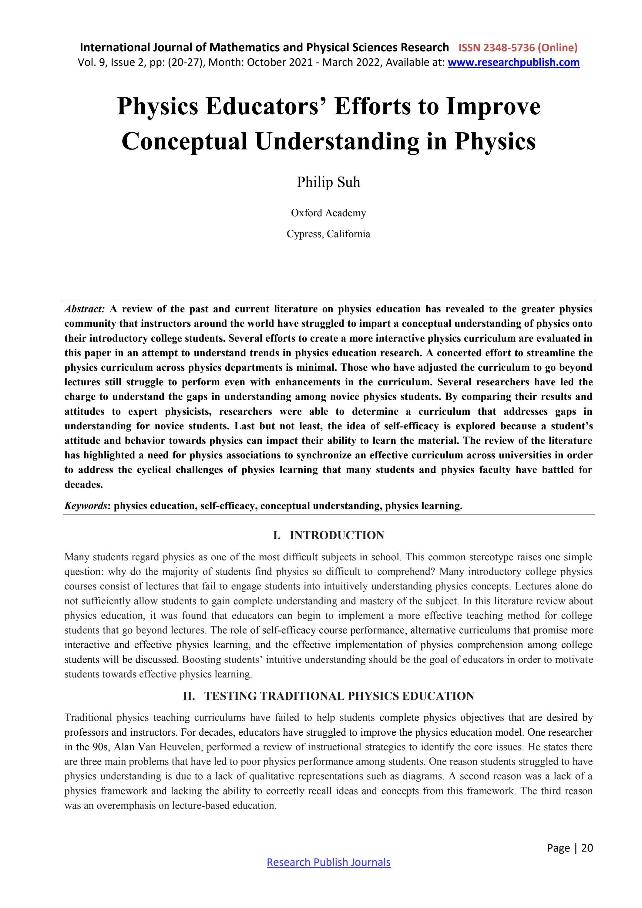 Physics Educators’ Efforts to Improve Conceptual Understanding in ...