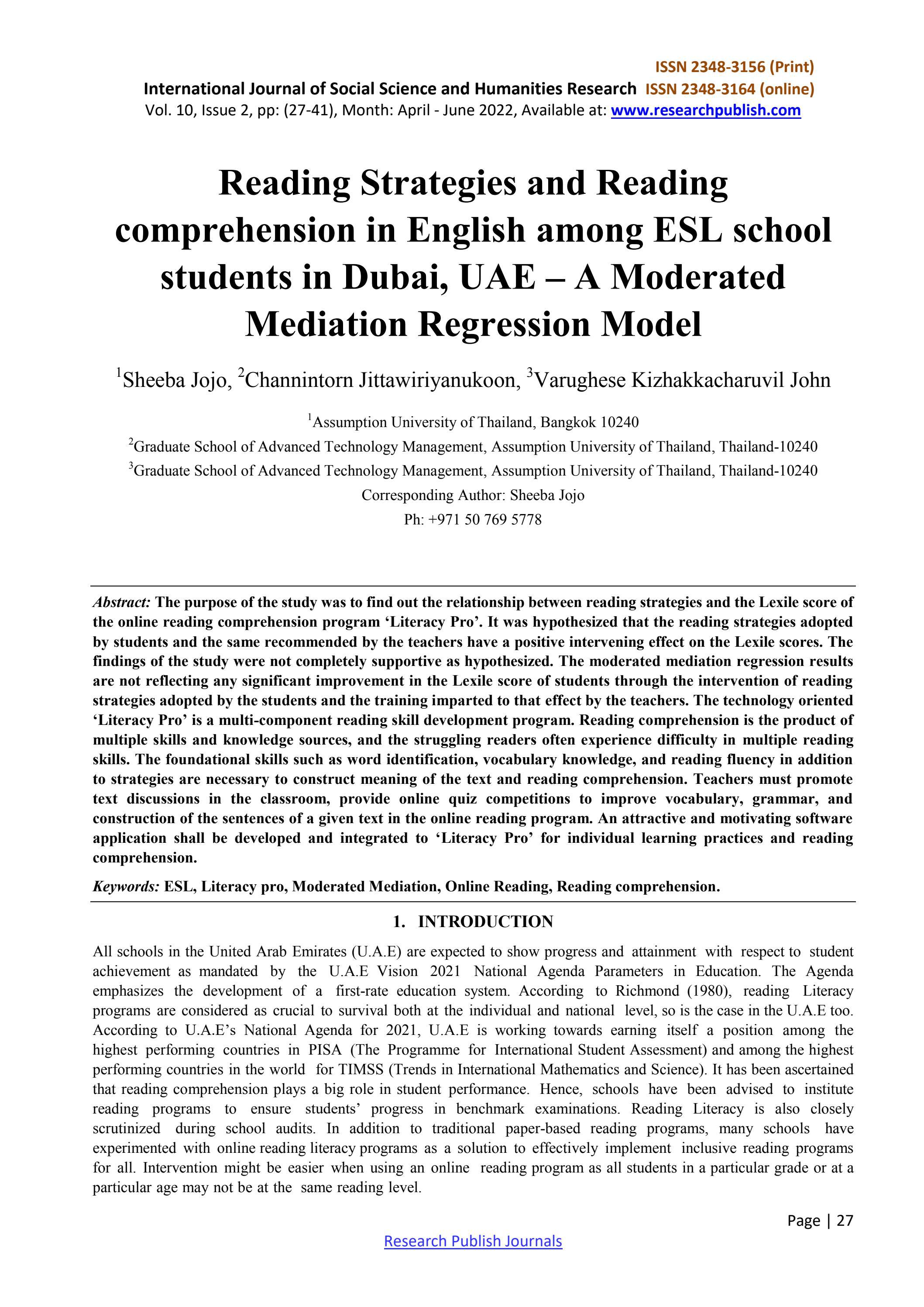 Reading Strategies and Reading comprehension in English among ESL ...