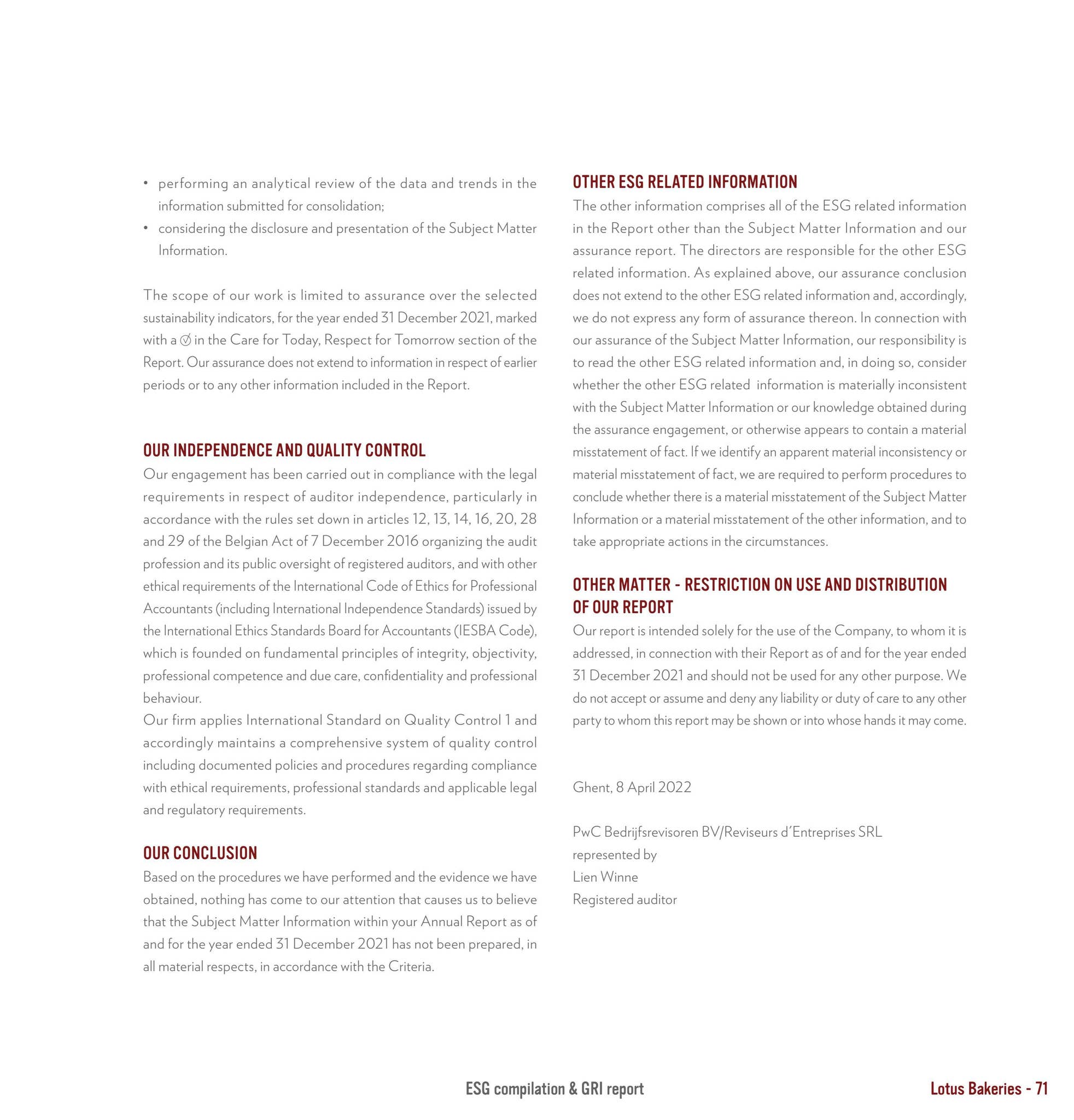 Lotus Bakeries Annual Report 2021 - ESG Compilation & GRI report by ...