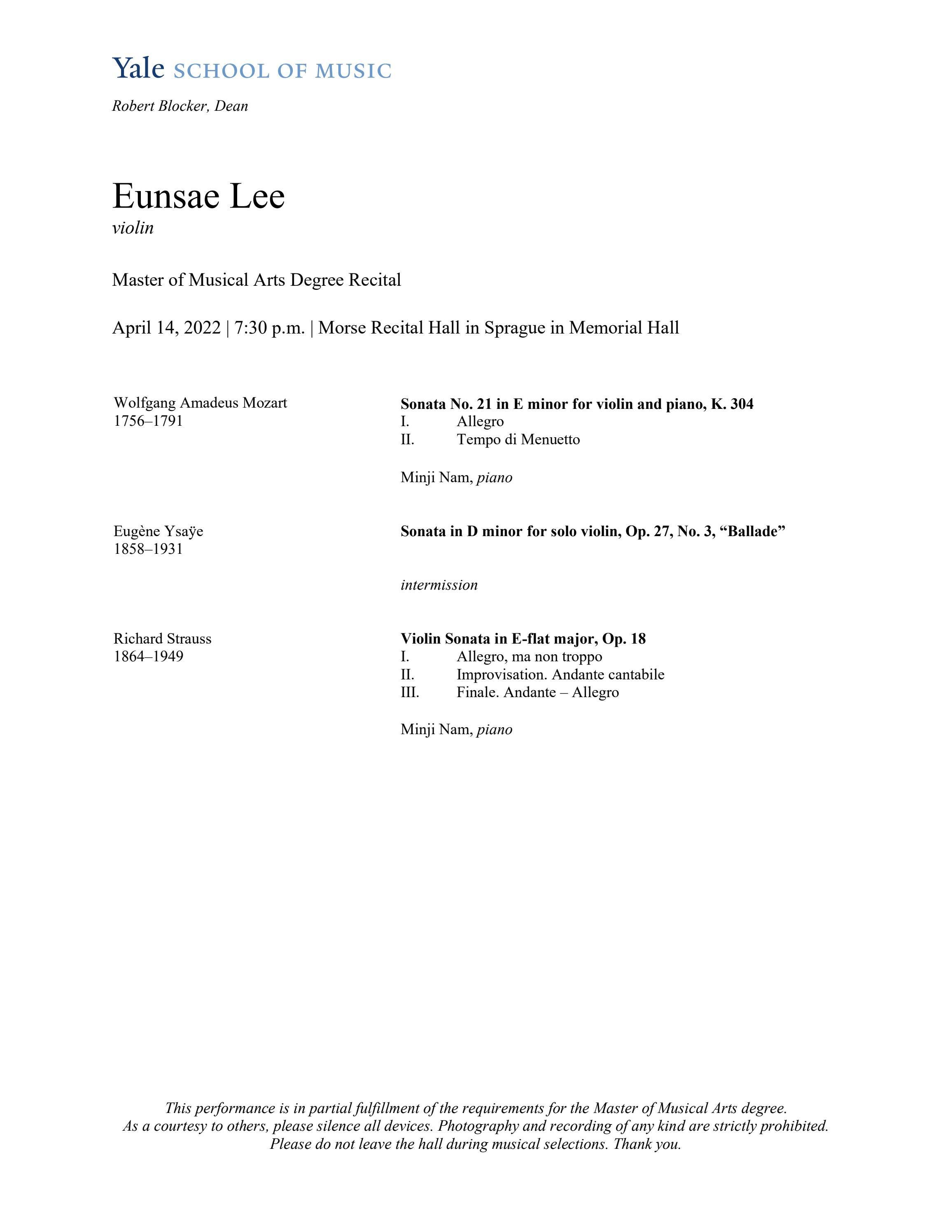 Eunsae Lee, violin, April 14, 2022 by Yale School of Music - Issuu