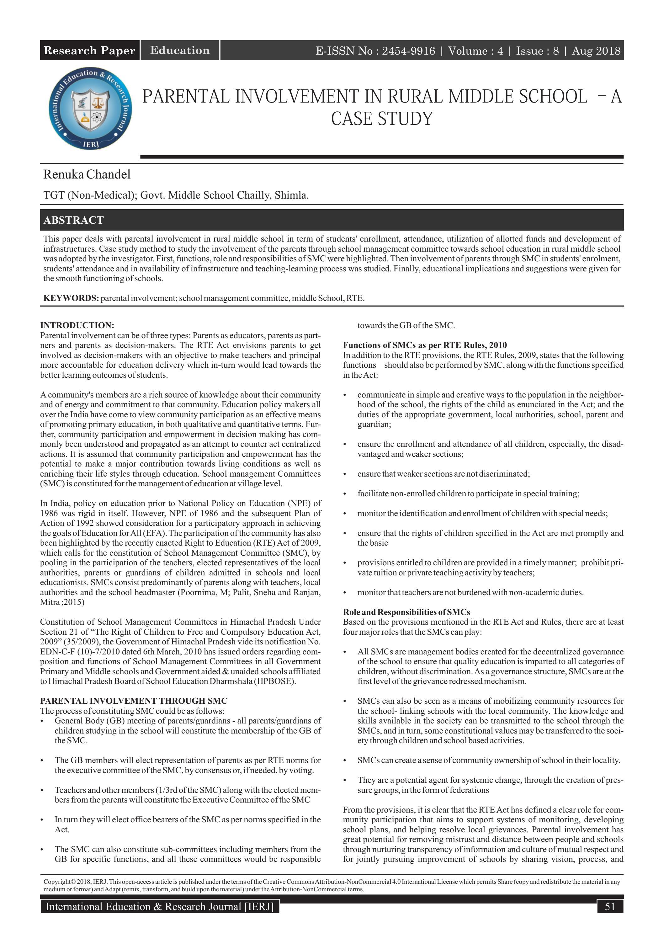 PARENTAL INVOLVEMENT IN RURAL MIDDLE SCHOOL –A CASE STUDY by ...