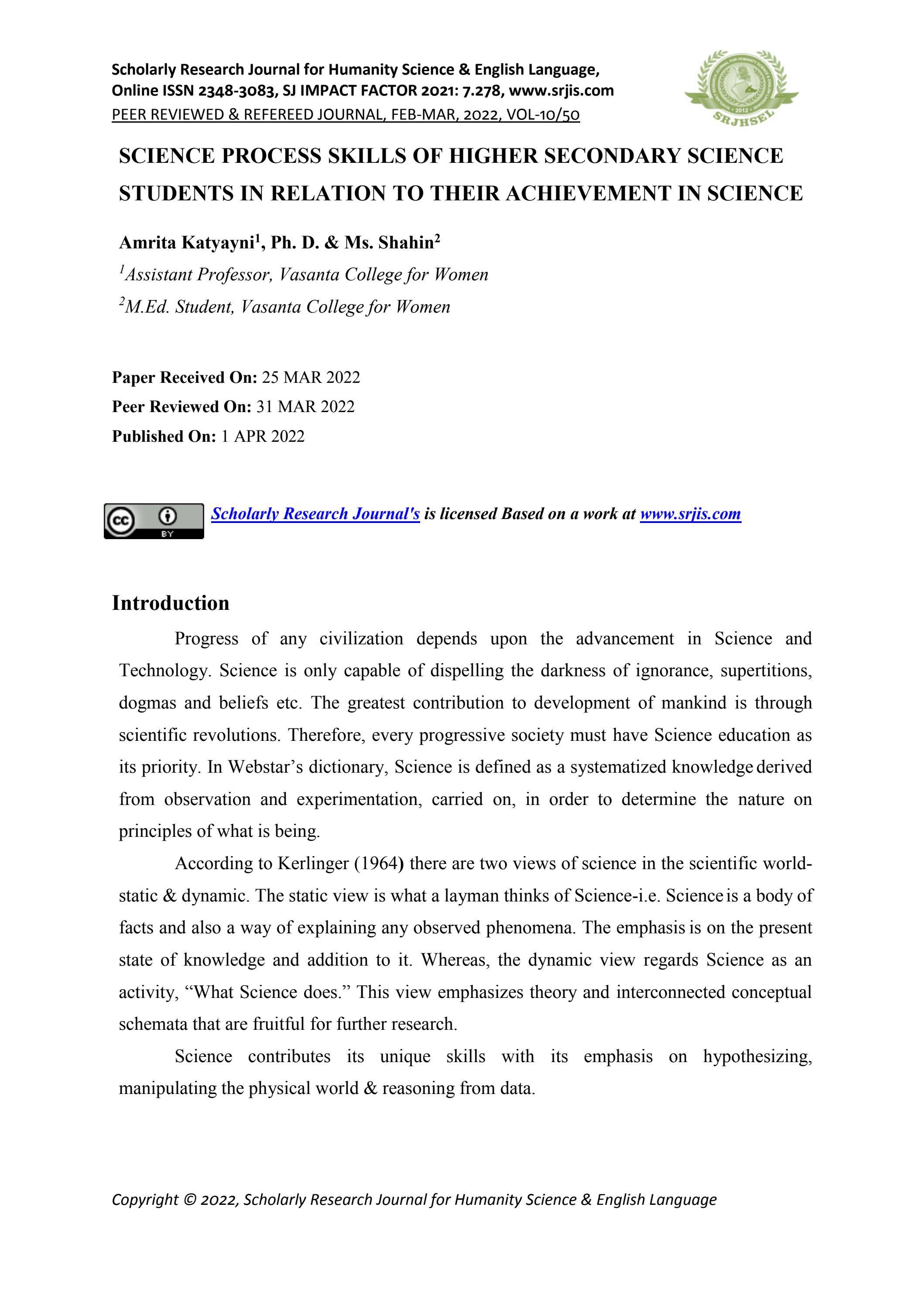 SCIENCE PROCESS SKILLS OF HIGHER SECONDARY SCIENCE STUDENTS IN RELATION ...