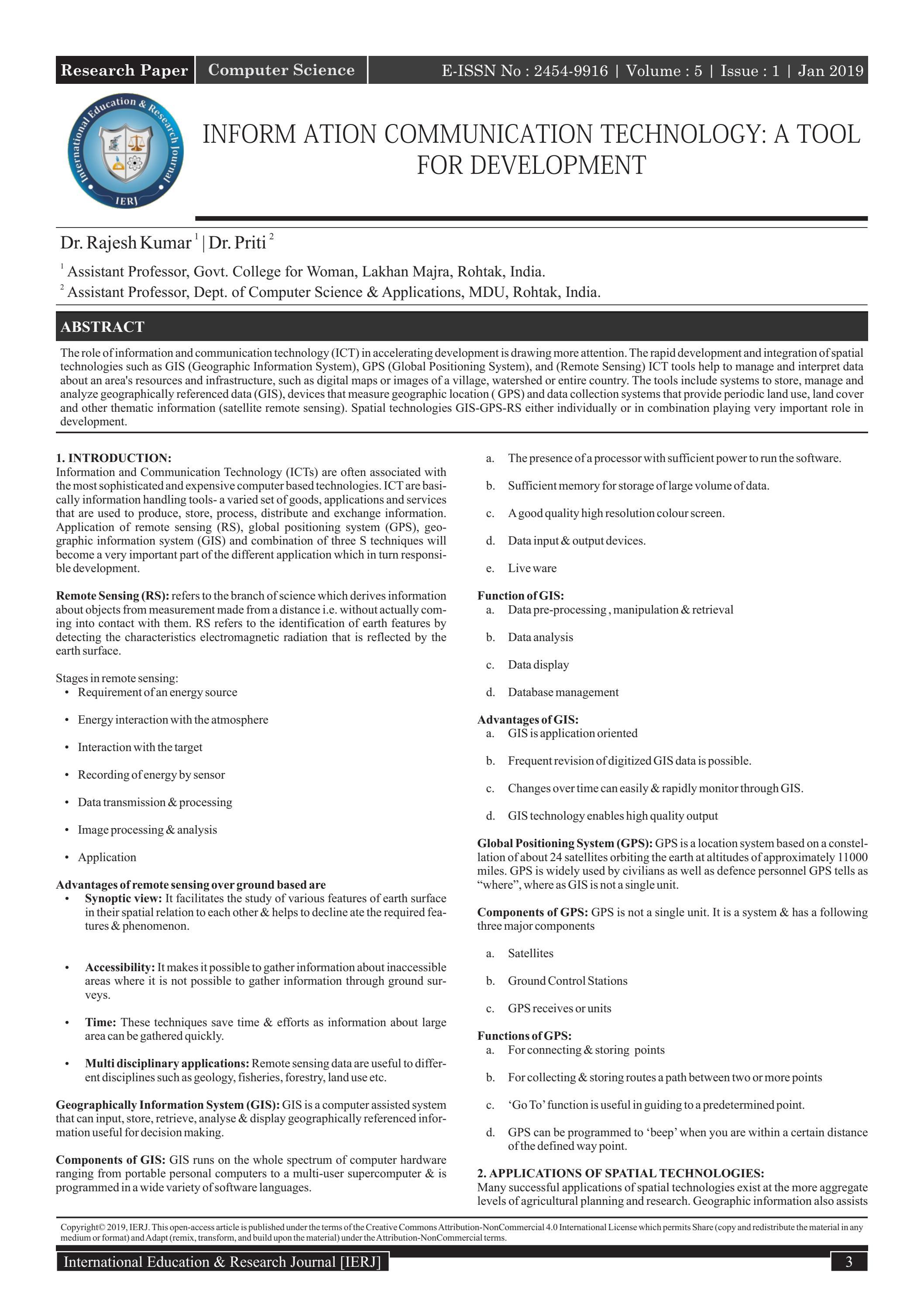 INFORM ATION COMMUNICATION TECHNOLOGY: A TOOL FOR DEVELOPMENT by ...
