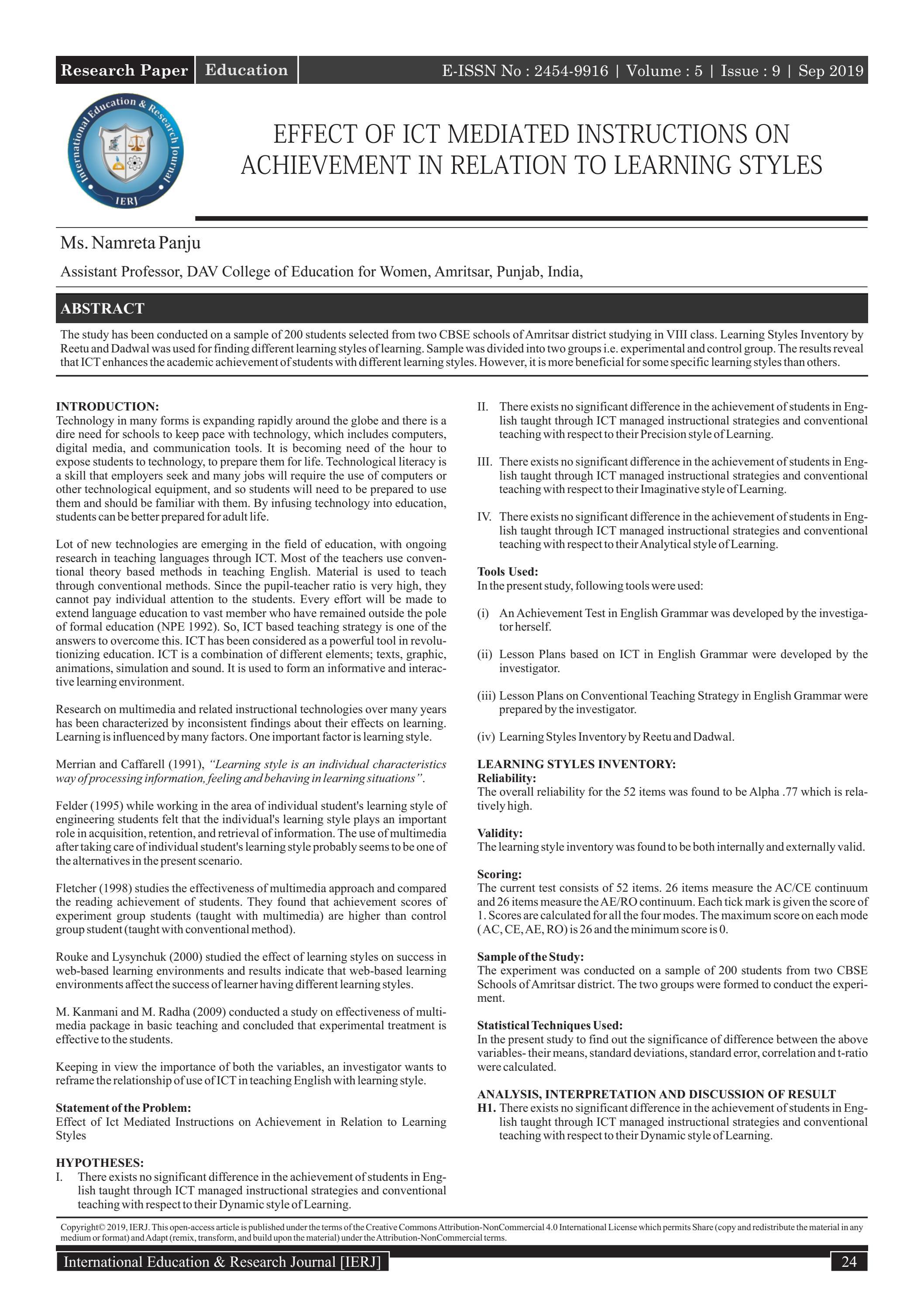 EFFECT OF ICT MEDIATED INSTRUCTIONS ON ACHIEVEMENT IN RELATION TO ...