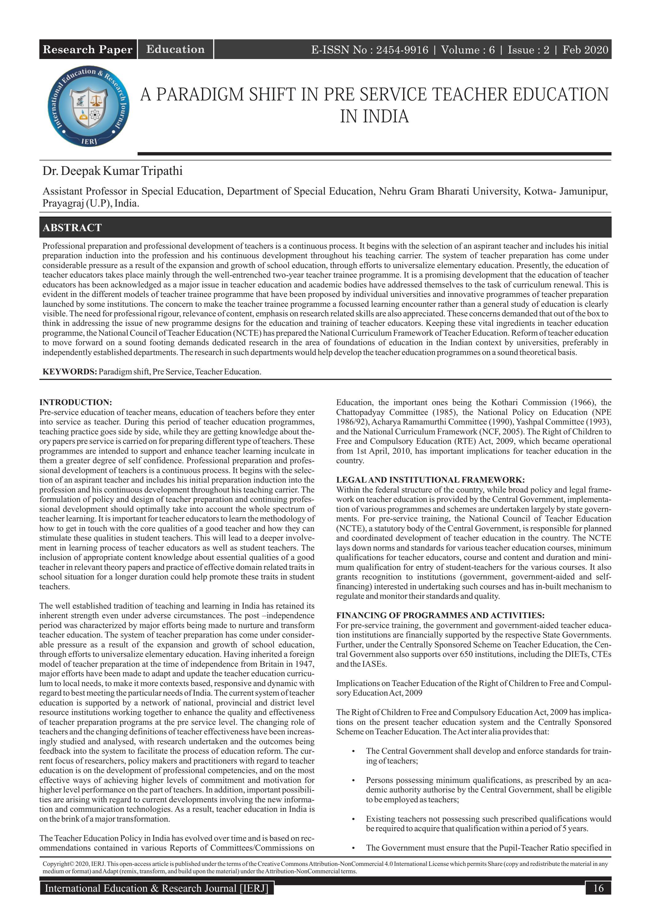 A PARADIGM SHIFT IN PRE SERVICE TEACHER EDUCATION IN INDIA by ...