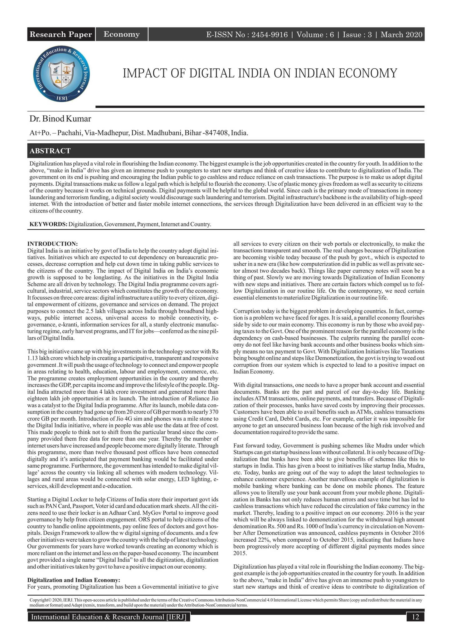 IMPACT OF DIGITAL INDIA ON INDIAN ECONOMY by International Education ...