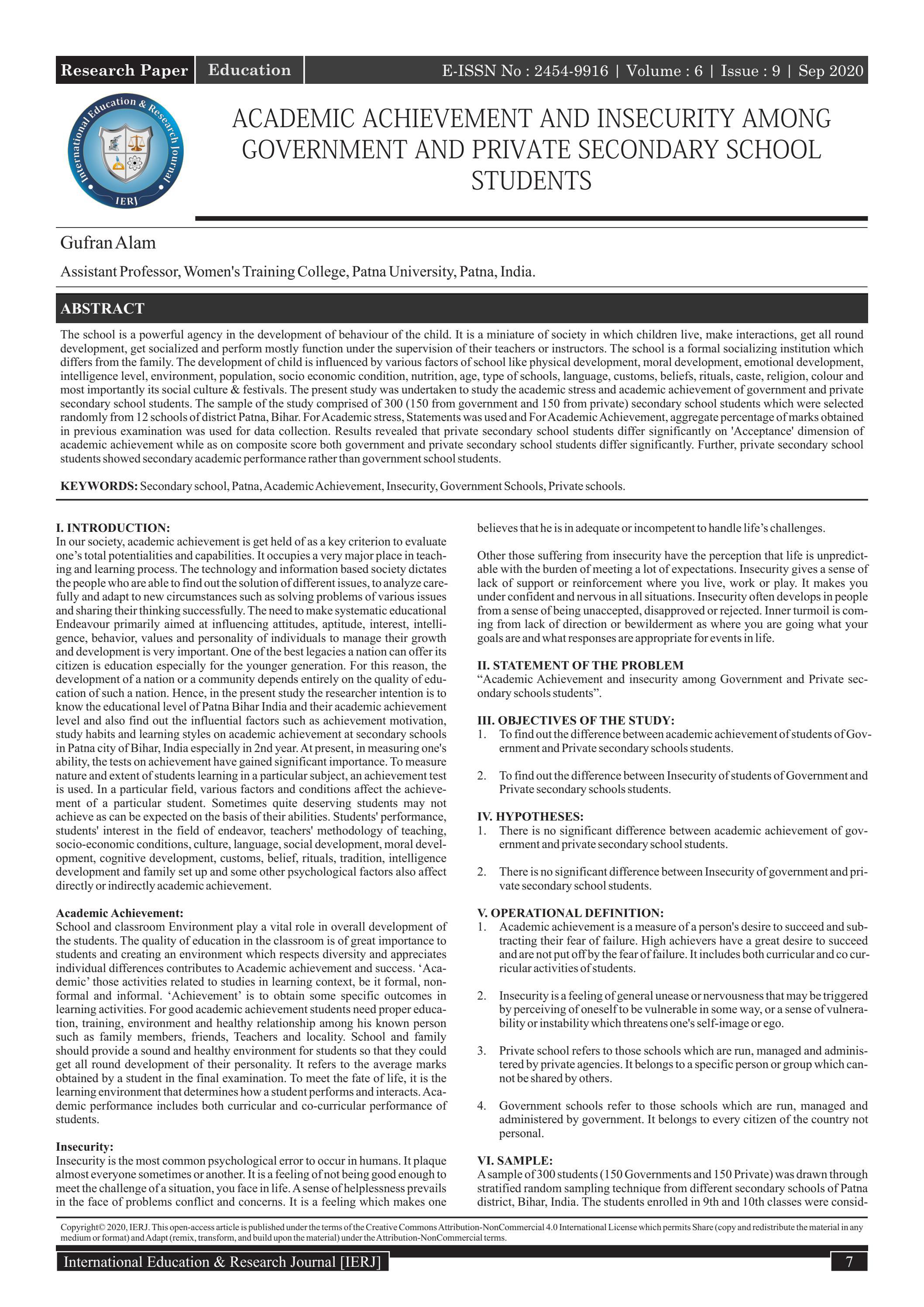 ACADEMIC ACHIEVEMENT AND INSECURITY AMONG GOVERNMENT AND PRIVATE ...