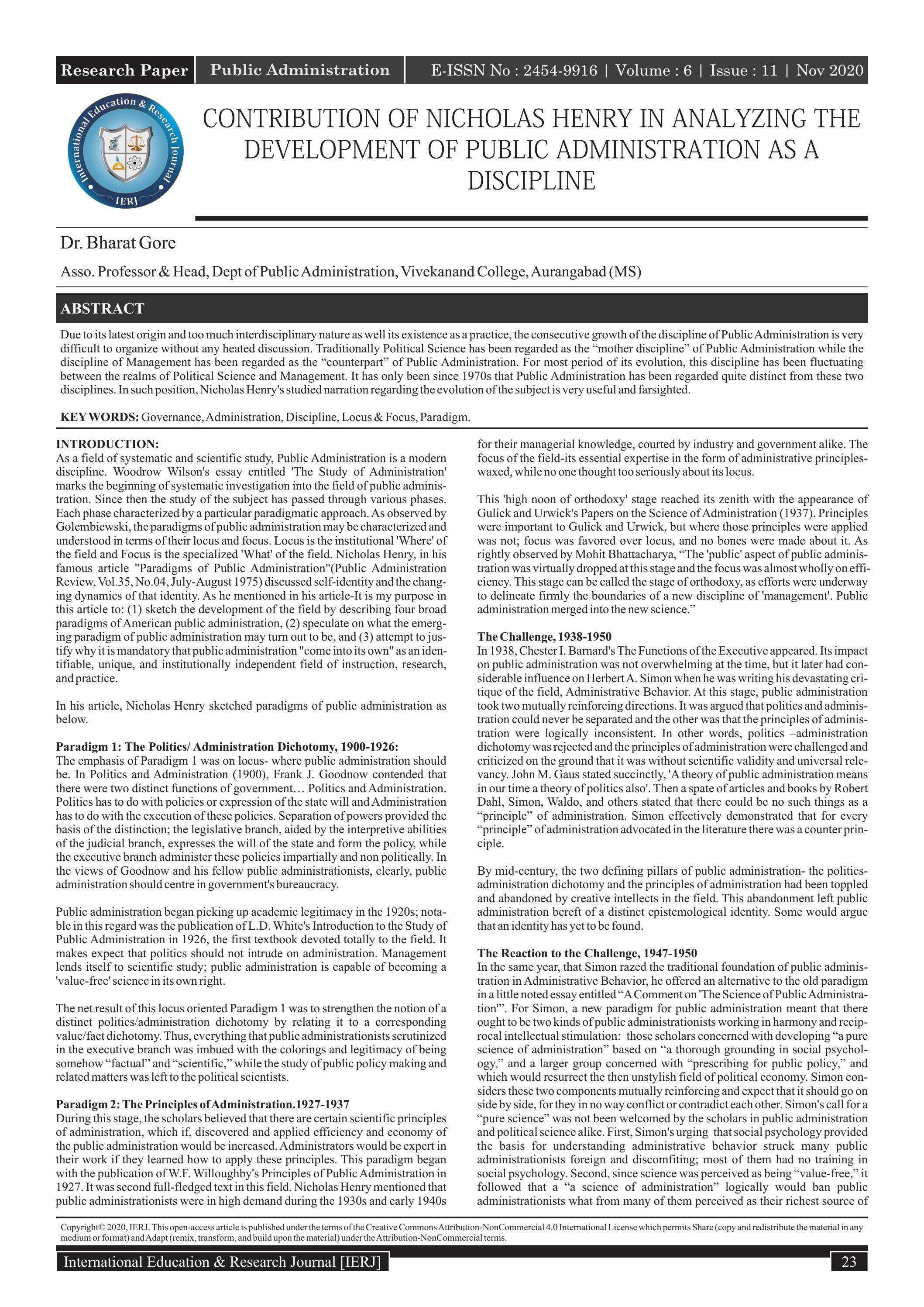 CONTRIBUTION OF NICHOLAS HENRY IN ANALYZING THE DEVELOPMENT OF PUBLIC ...