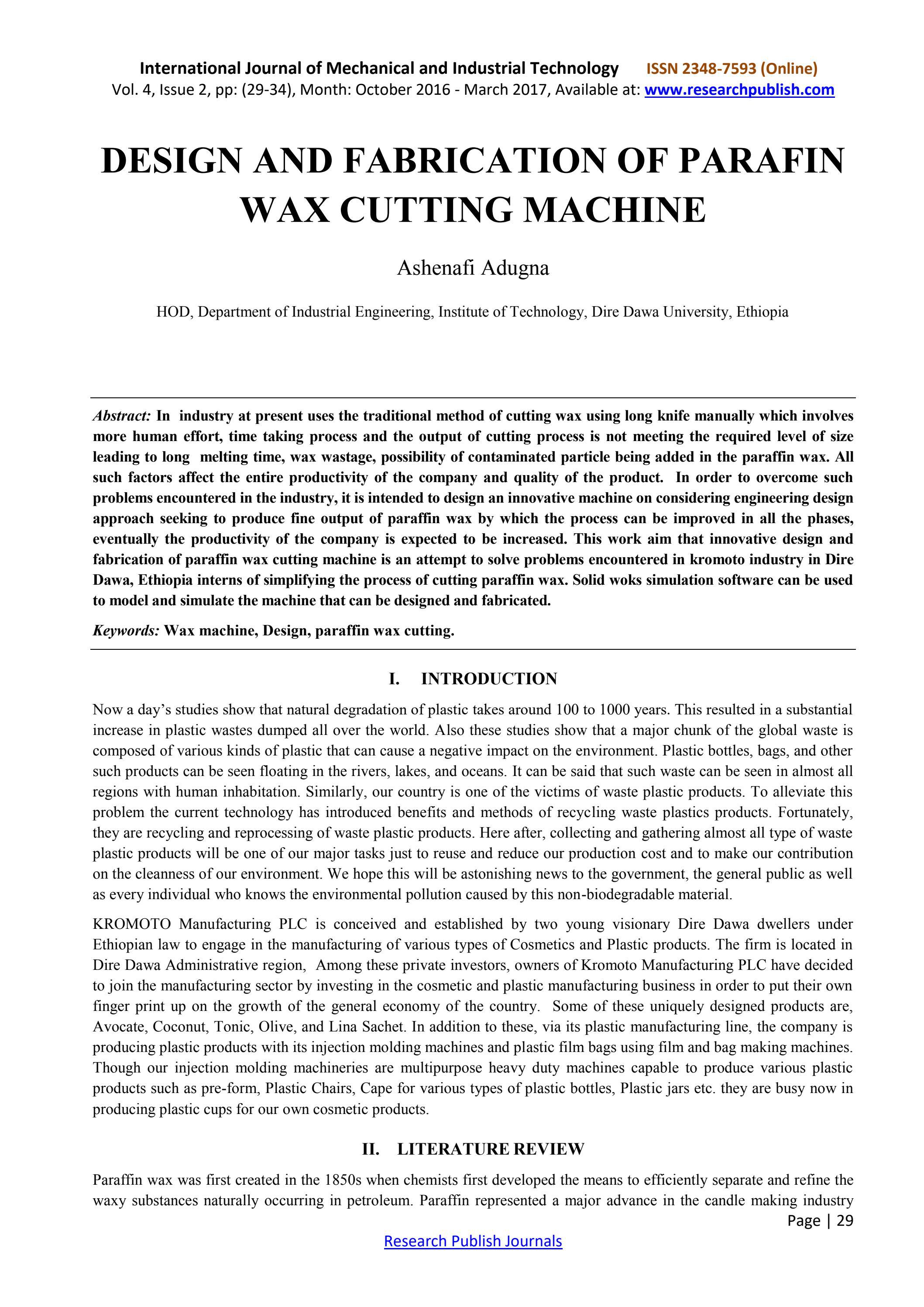DESIGN AND FABRICATION OF PARAFIN WAX CUTTING MACHINE by Research ...