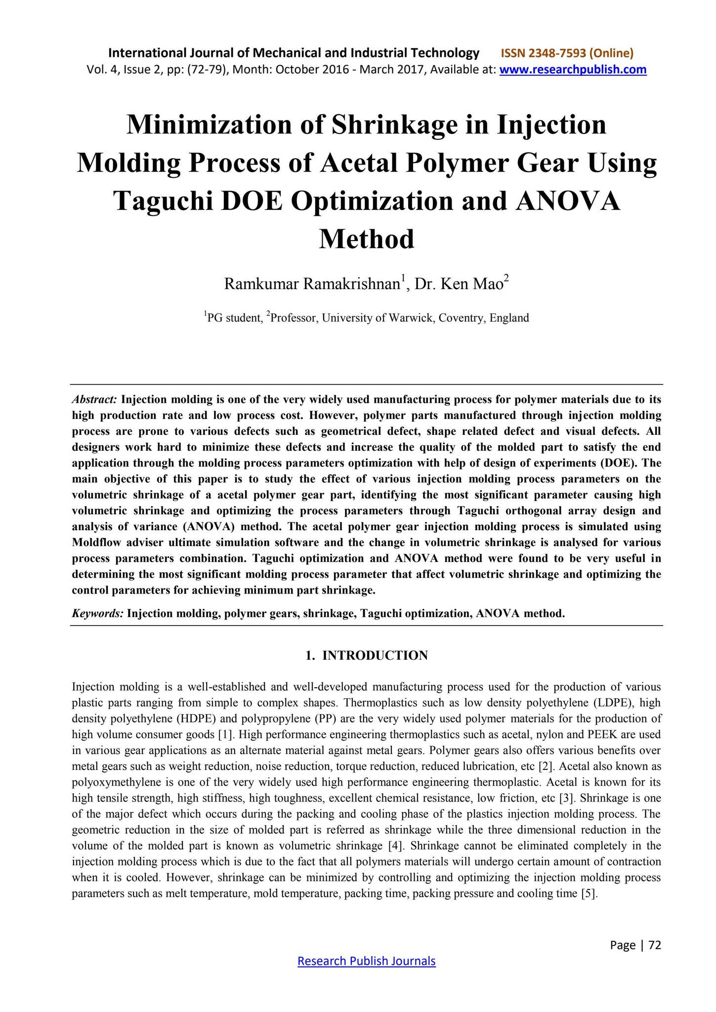 Minimization of Shrinkage in Injection Molding Process of Acetal ...