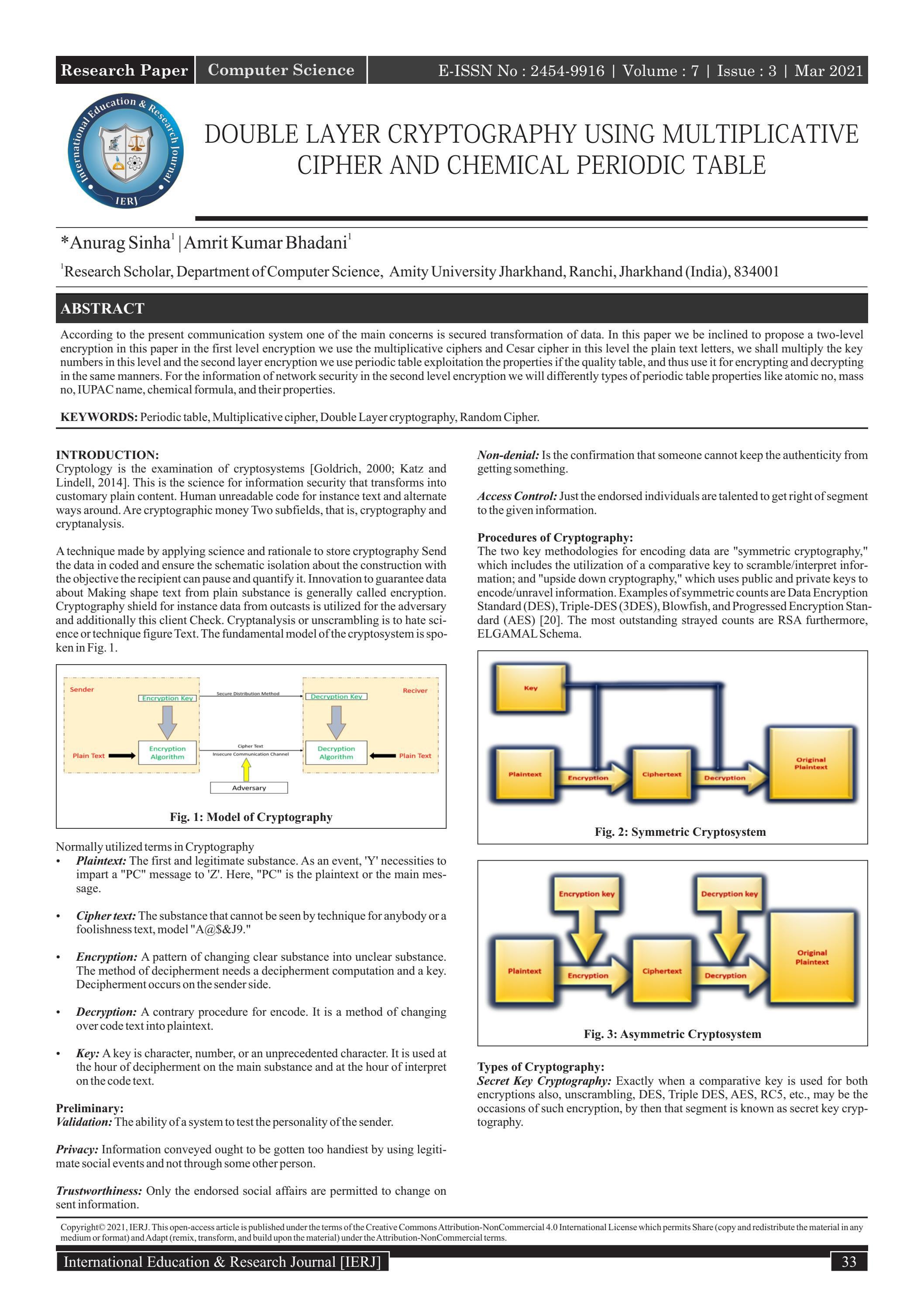 DOUBLE LAYER CRYPTOGRAPHY USING MULTIPLICATIVE CIPHER AND CHEMICAL ...